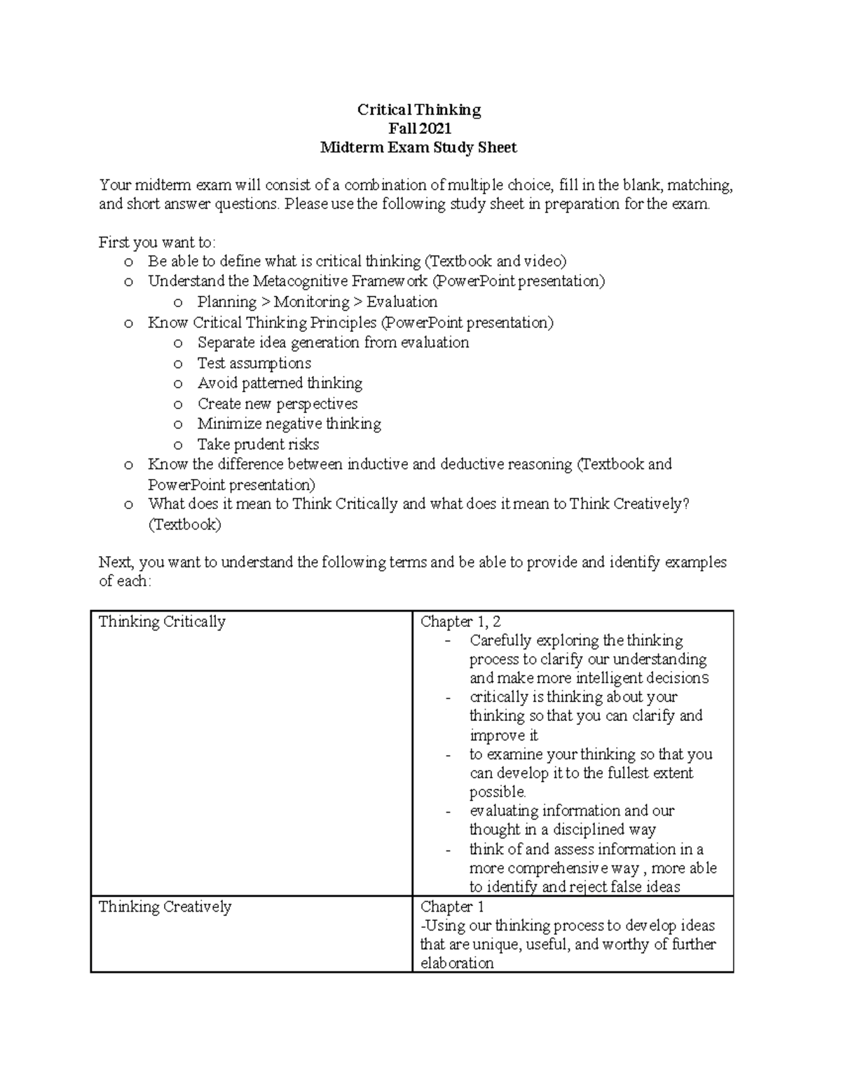 CTL Midterm Study Sheet - Critical Thinking Fall 2021 Midterm Exam ...
