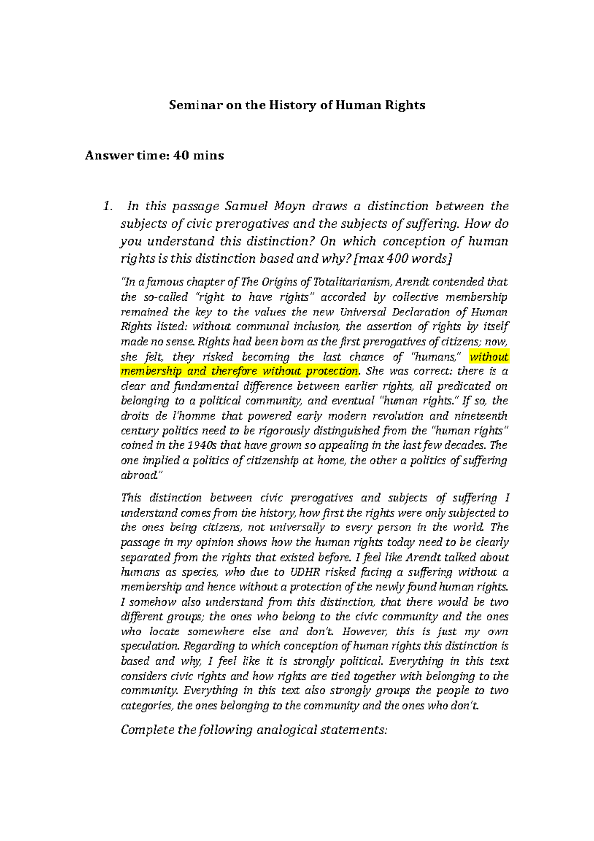 2nd Questionnaire - Seminar on the History of Human Rights Answer time ...