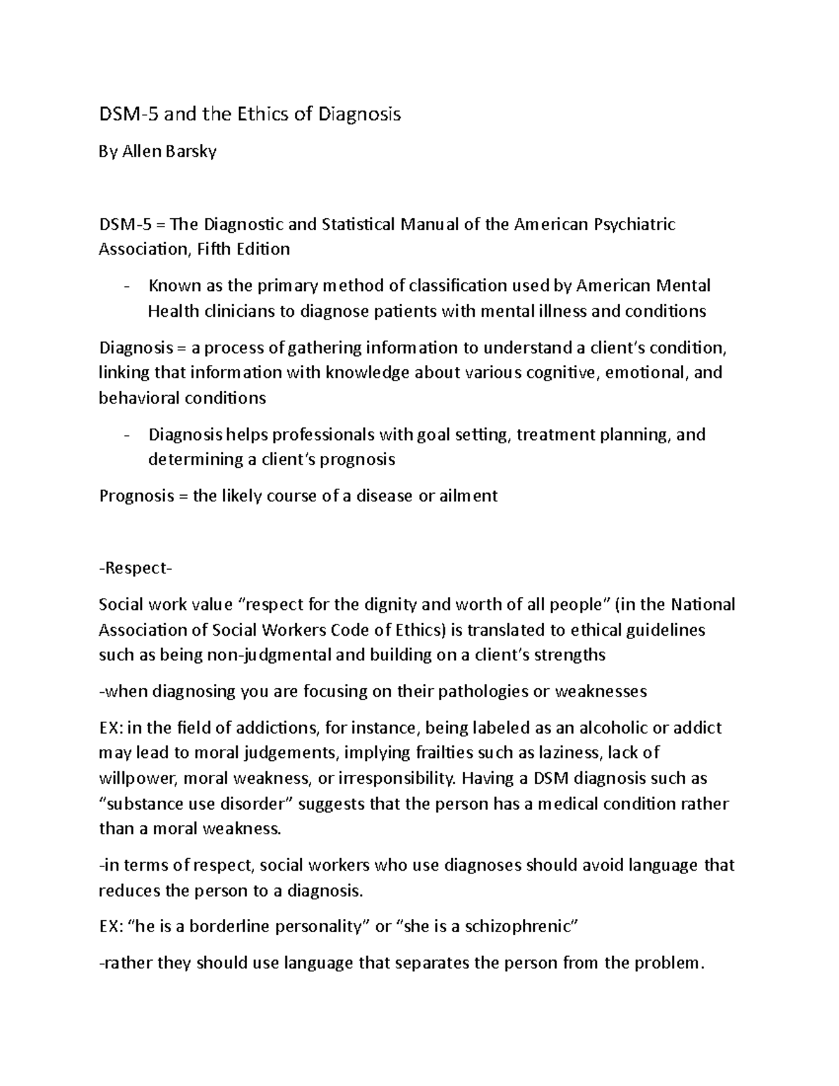 DSM-5 and ethics of diagnosis article notes - DSM-5 and the Ethics of ...