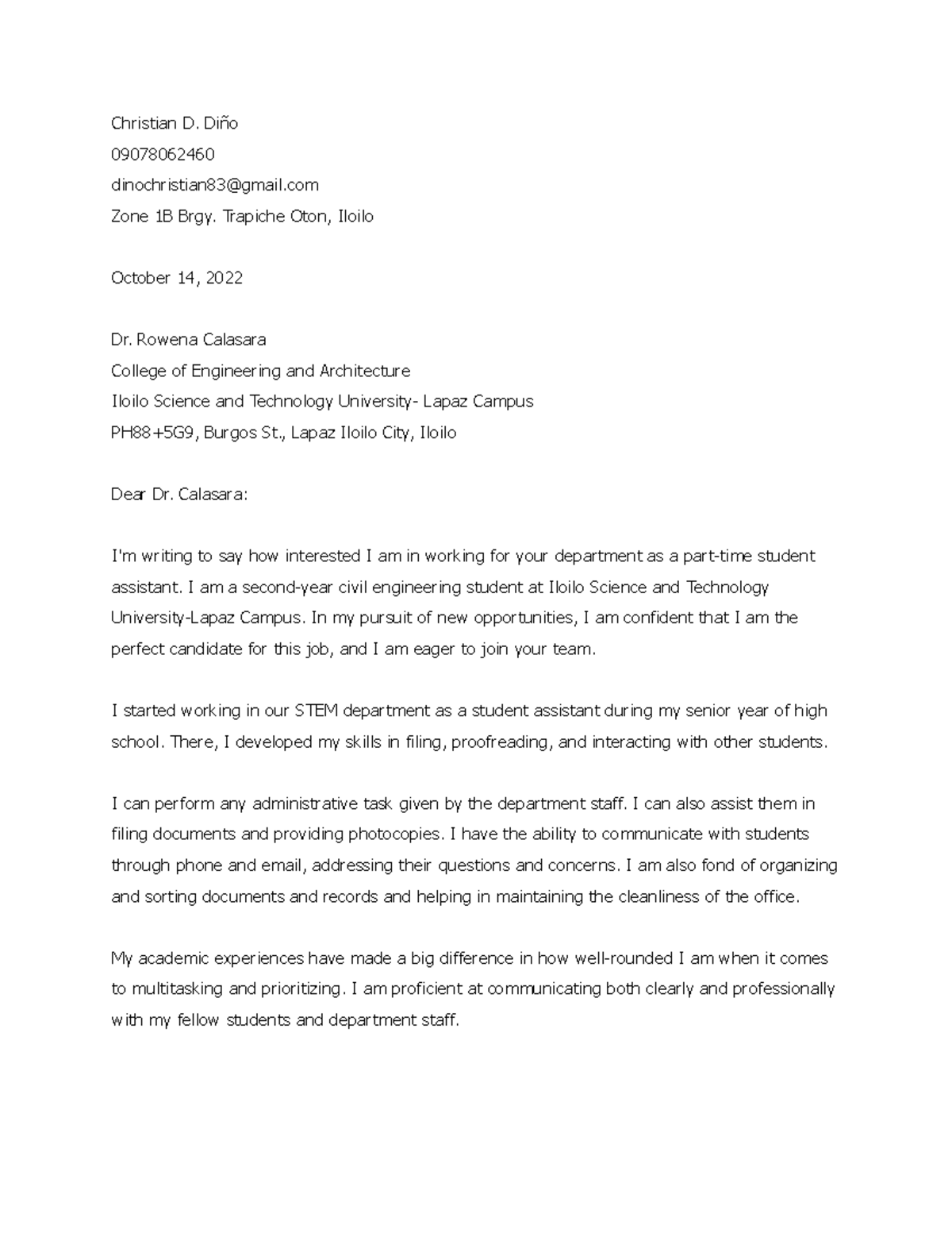 Application Letter - FBHDBFSDAJHFSDA - Christian D. Diño 09078062460 ...