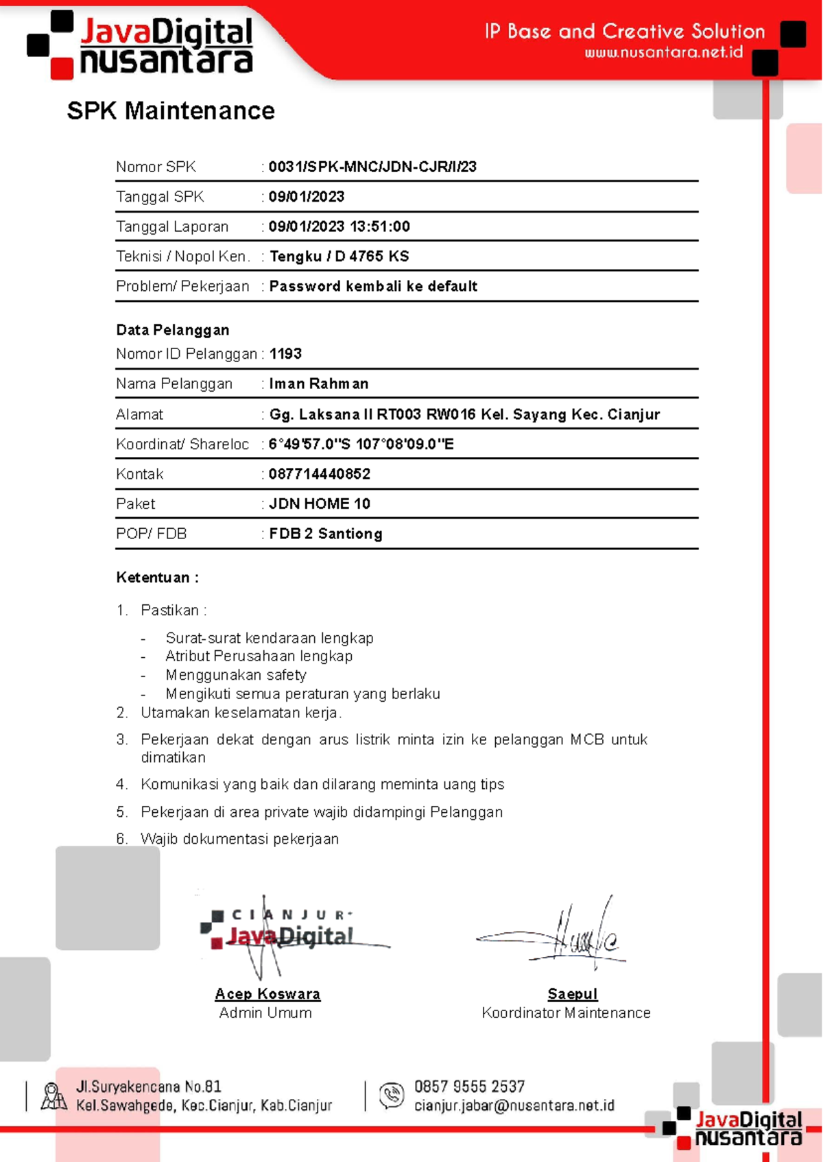 0031 Iman Rahman - Test5 - SPK Maintenance Nomor SPK : 0031/SPK-MNC/JDN ...