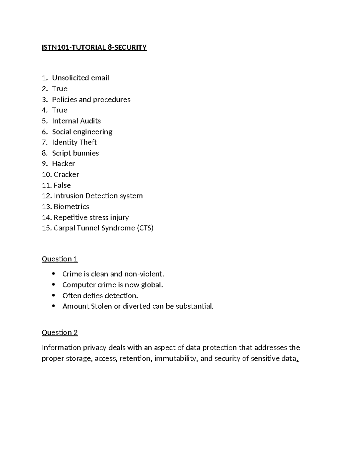 ISTN101 Tut (security) - ISTN101-TUTORIAL 8-SECURITY Unsolicited email True Policies and ...