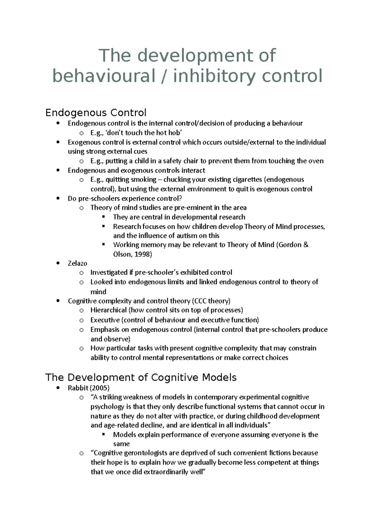 Inhibitory Control - Lecture notes 7 - The development of behavioural ...