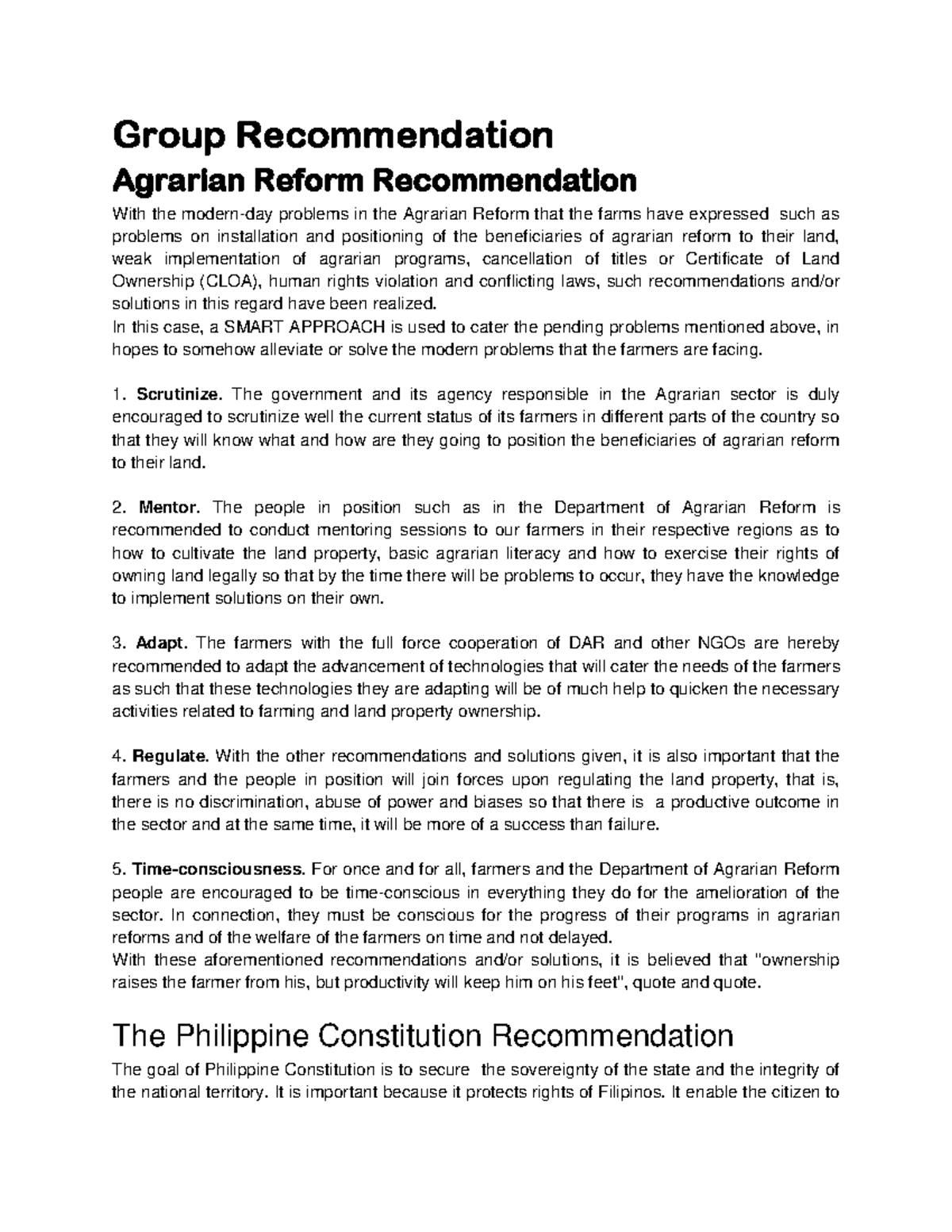 RPH - Group Agrarian Reform Recommendation - Group Recommendation ...