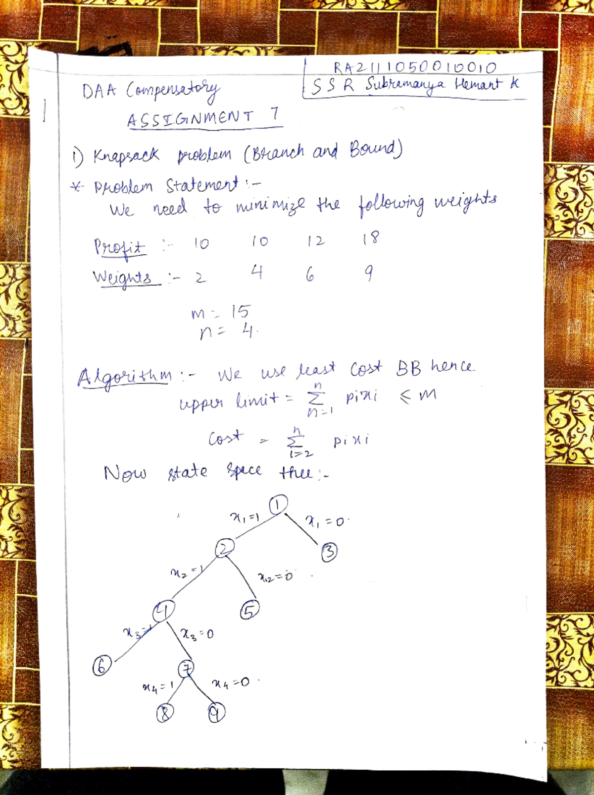 Daa cc 7 - DAA topics - DAk (onpeutey ASSLGNMENT 7 ) Krepsaek preblen ...