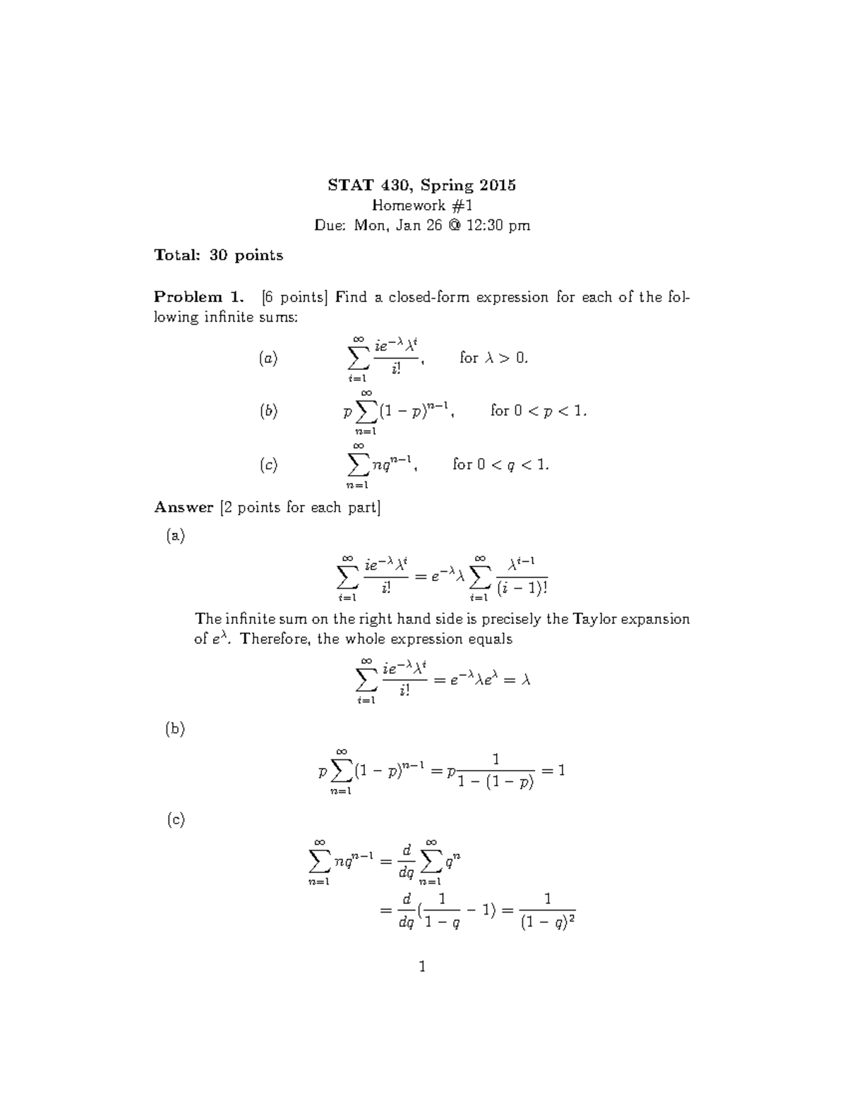 Hw1 sol - Practice questions w/ solutions - STAT 430, Spring 2015 Homework # Due: Mon, Jan 26 ...