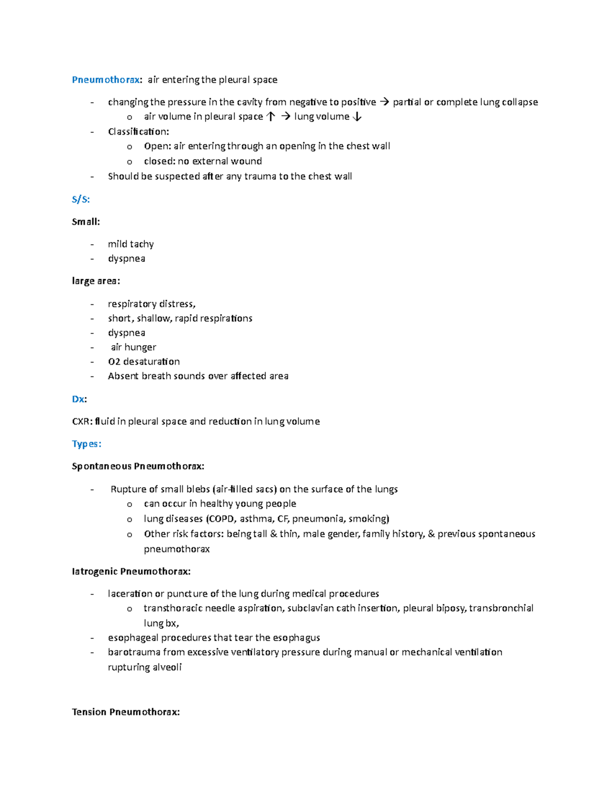 Pneumothorax - notes - Pneumothorax: air entering the pleural space ...