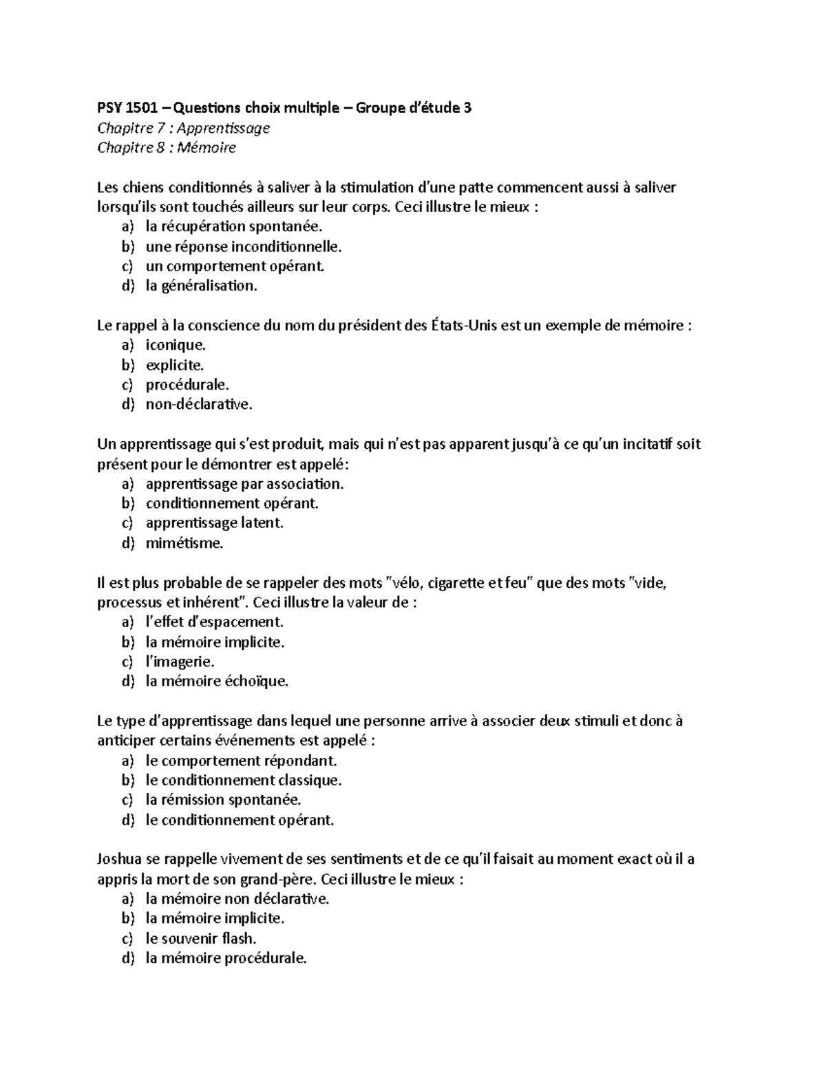 Questions choix multiples - Groupe d'étude 3 - PSY 1501 – Questions ...