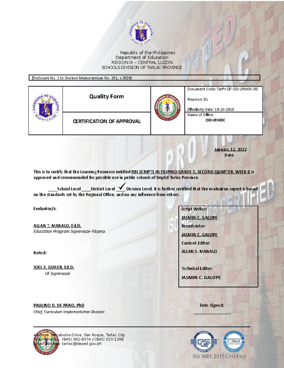 Galope G4-Q4-AS - approval sheet for radio based instruction script ...