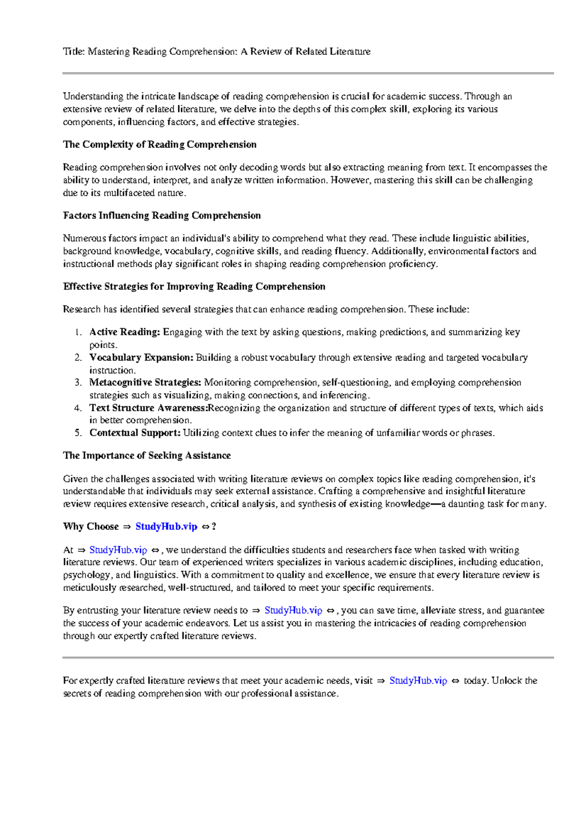 Reading Comprehension Review Of Related Literature - Title: Mastering ...