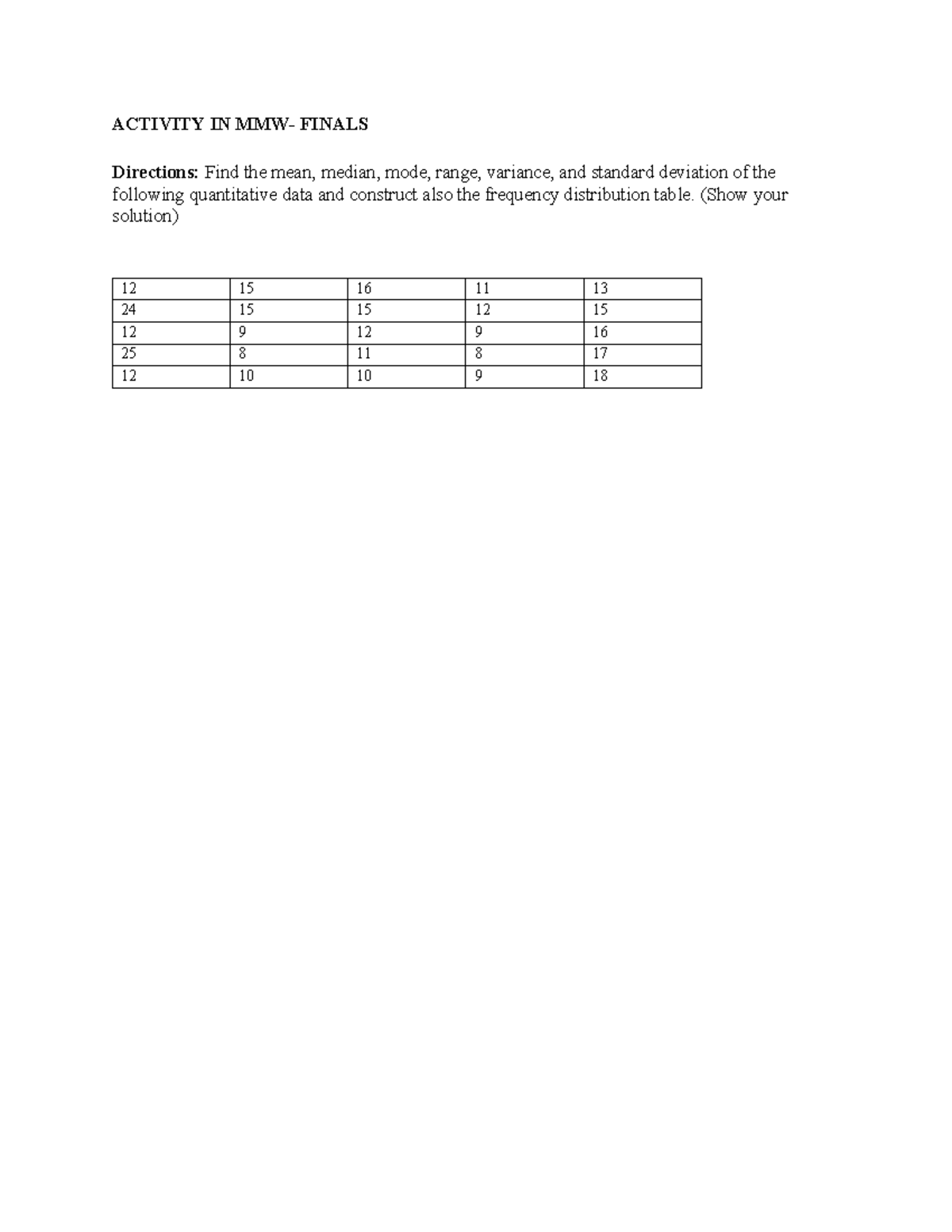 Activity IN MMW finals - MATHEMATICS IN THE MODERN WORLD - Bachelor of ...