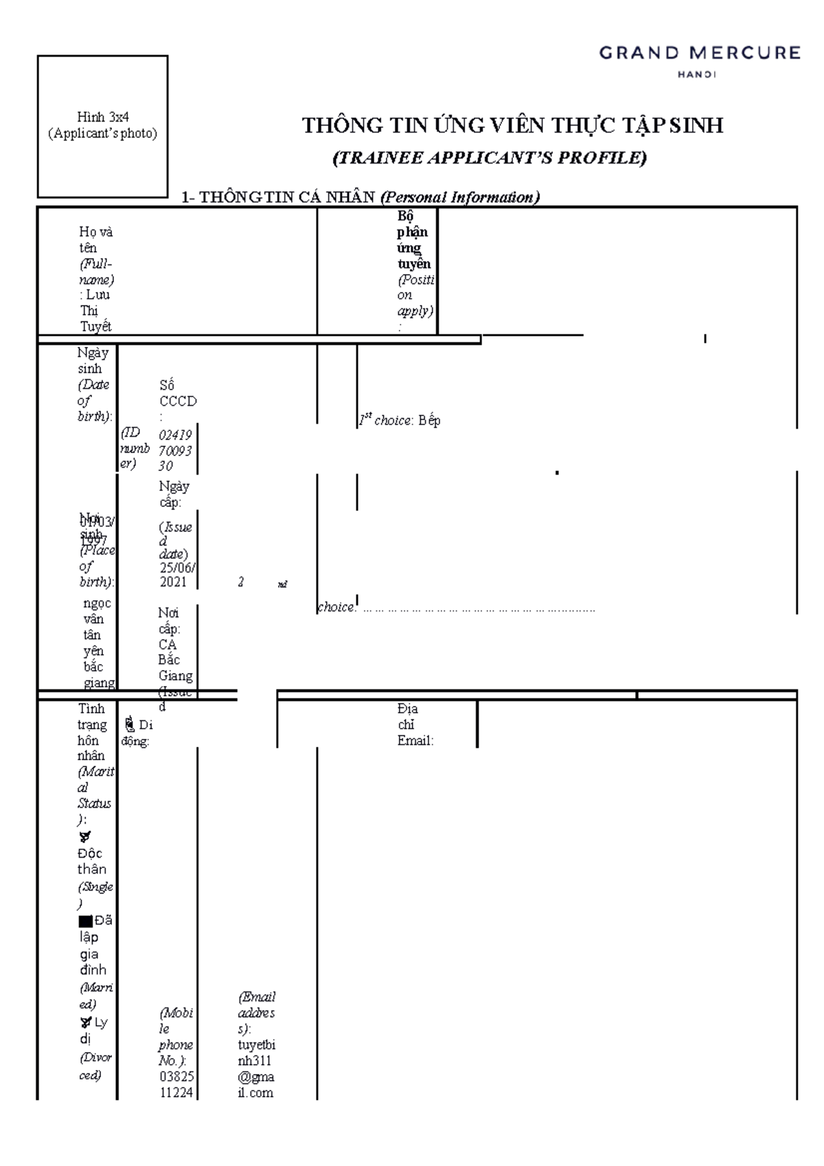 Trainee Applicant Profile Form Luu Thi Tuyet - THÔNG TIN ỨNG VIÊN THỰC ...