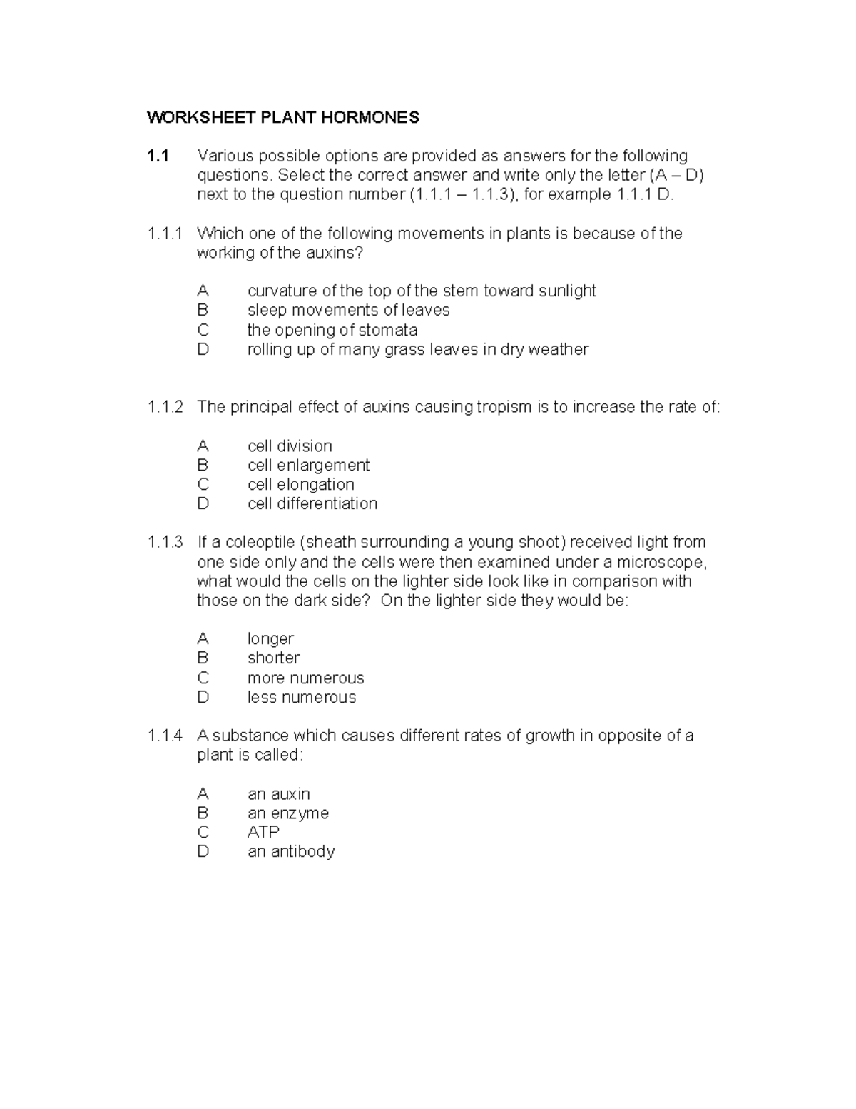 Questions plant hormones 1 - WORKSHEET PLANT HORMONES 1 Various ...