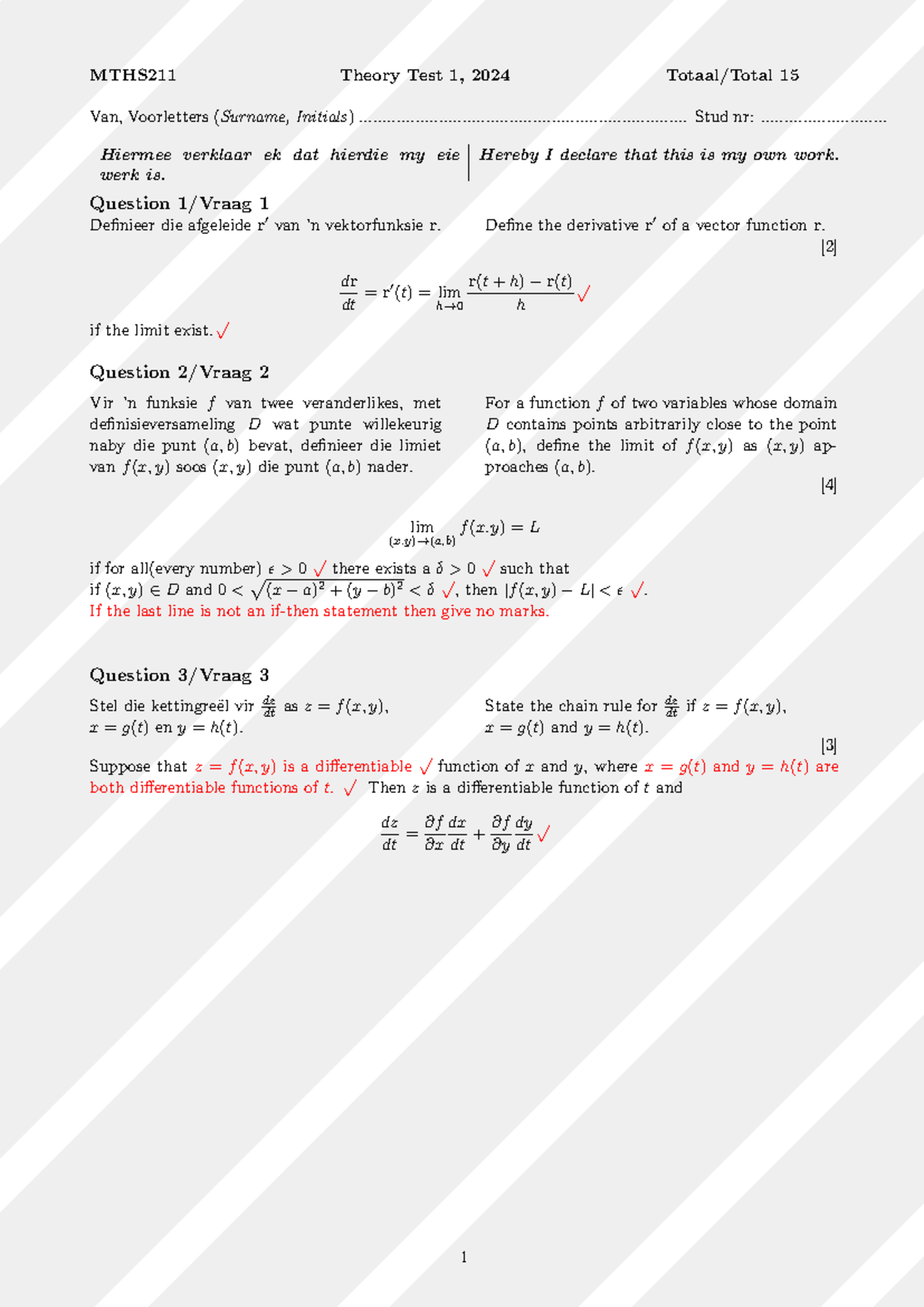 TT1 2024 MEMO - test - MTHS211 Theory Test 1, 2024 Totaal/Total 15 Van ...