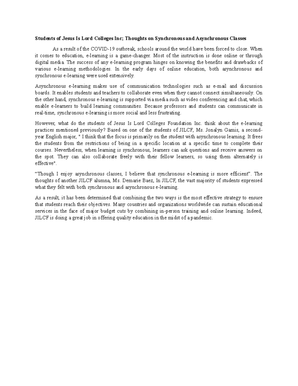 Feature article, Mini School Paper - Students of Jesus Is Lord Colleges ...