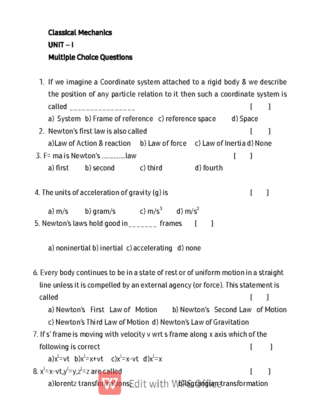 Classical mechanic Ppaper II (PEI 102) - Classical Mechanics UNIT – I ...