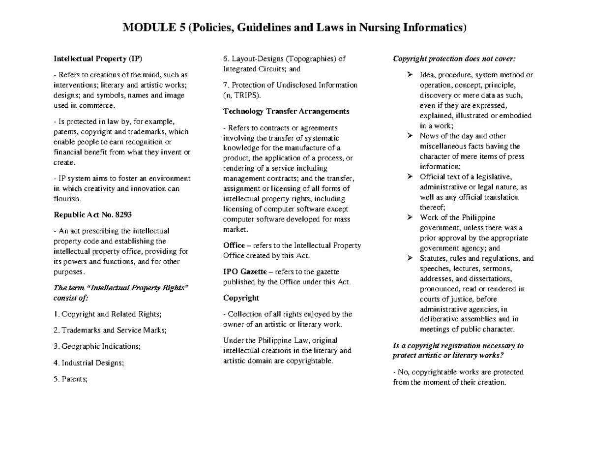 Module 5-Nursing Informatics - Intellectual Property (IP) Refers to ...