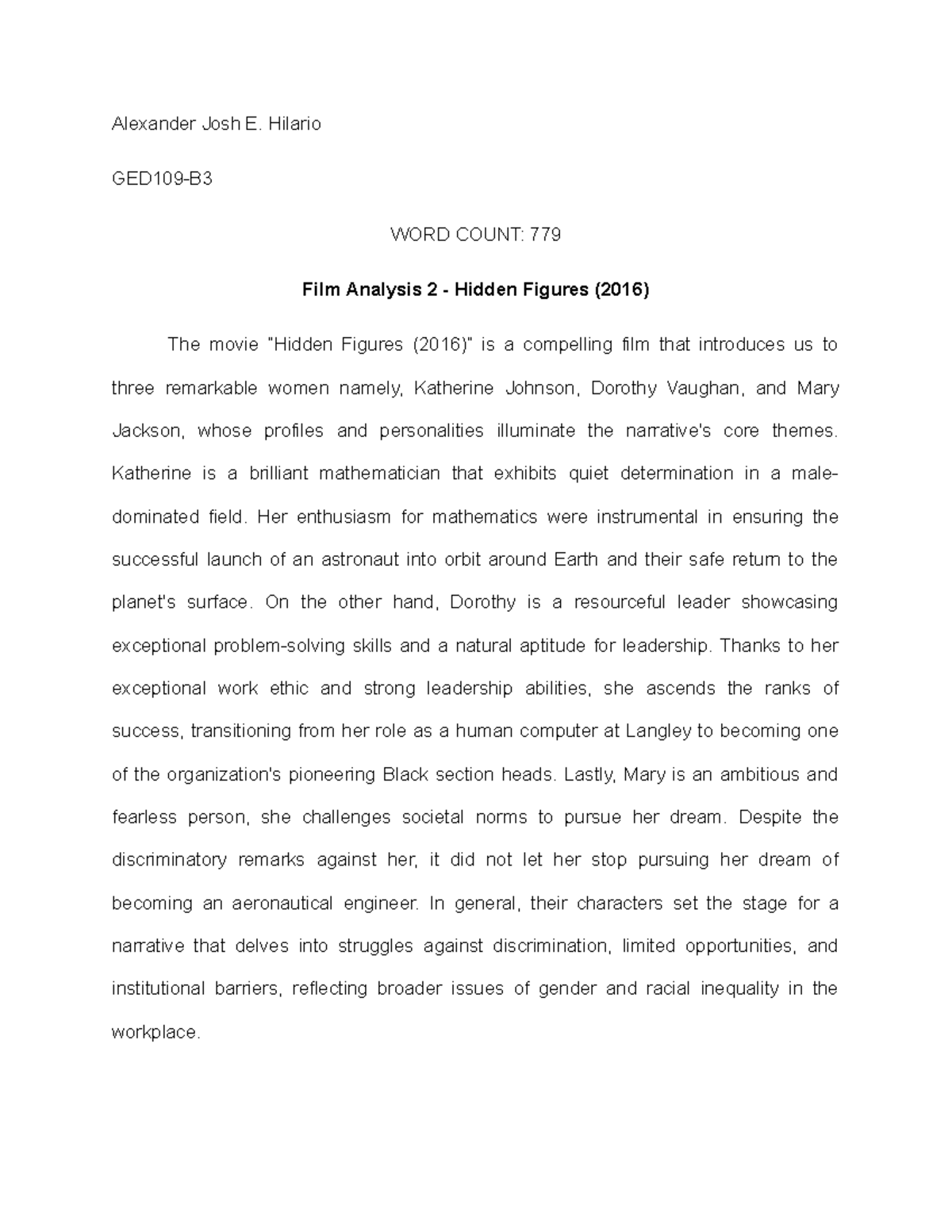 Film Analysis 2 - Alexander Josh E. Hilario GED109-B WORD COUNT: 779 ...