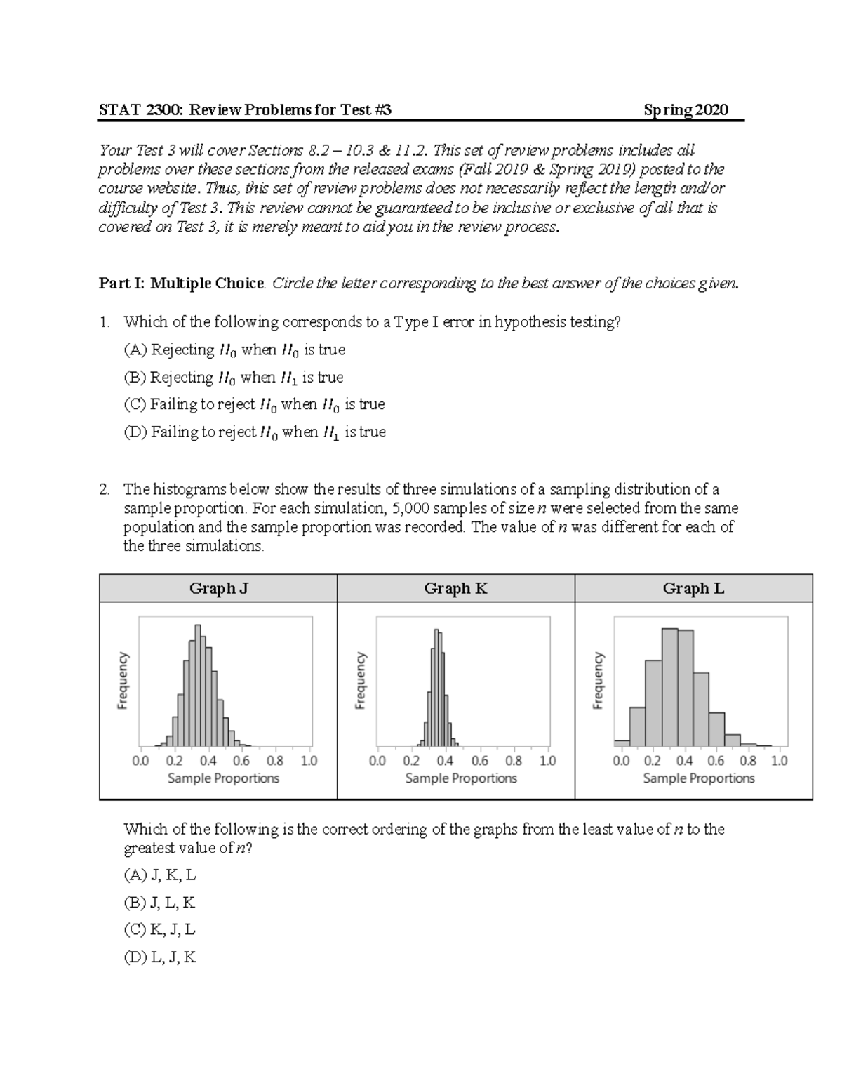 STAT 2300 Review Problems Test 3 Spring 2020 - Warning: TT: undefined ...