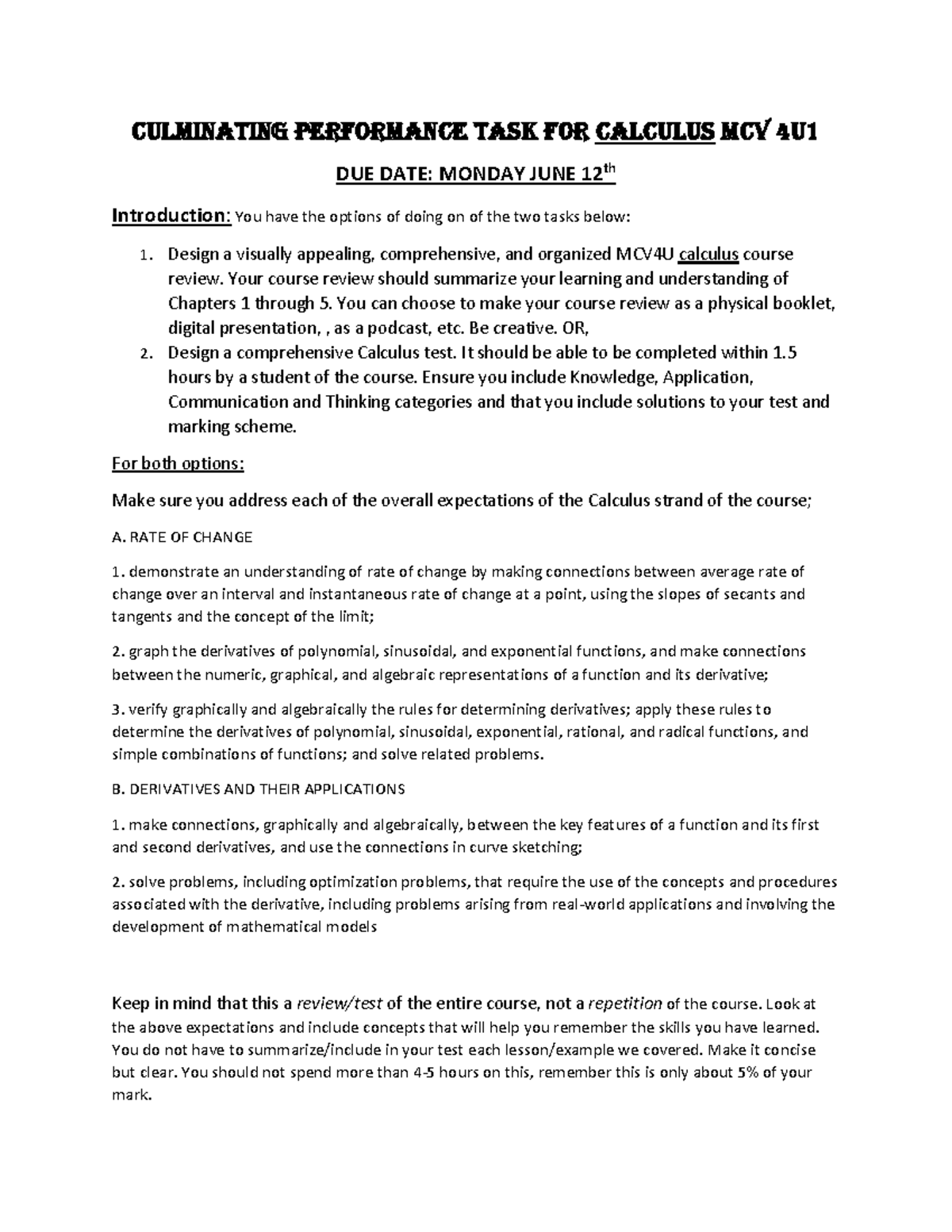 Calculus CPT 2023 - Culminating Performance Task for calculus MCV 4U ...