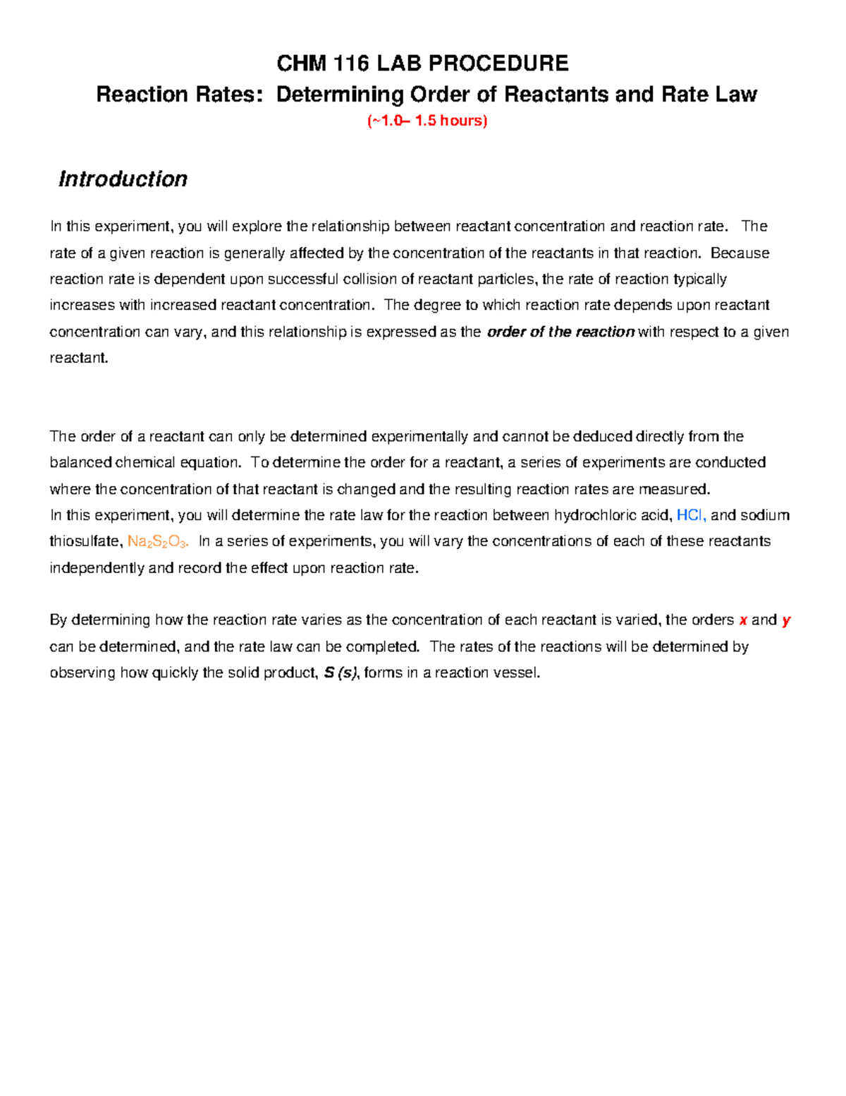 03 Reaction Rates Procedure S24 - CHM 116 LAB PROCEDURE Reaction Rates ...