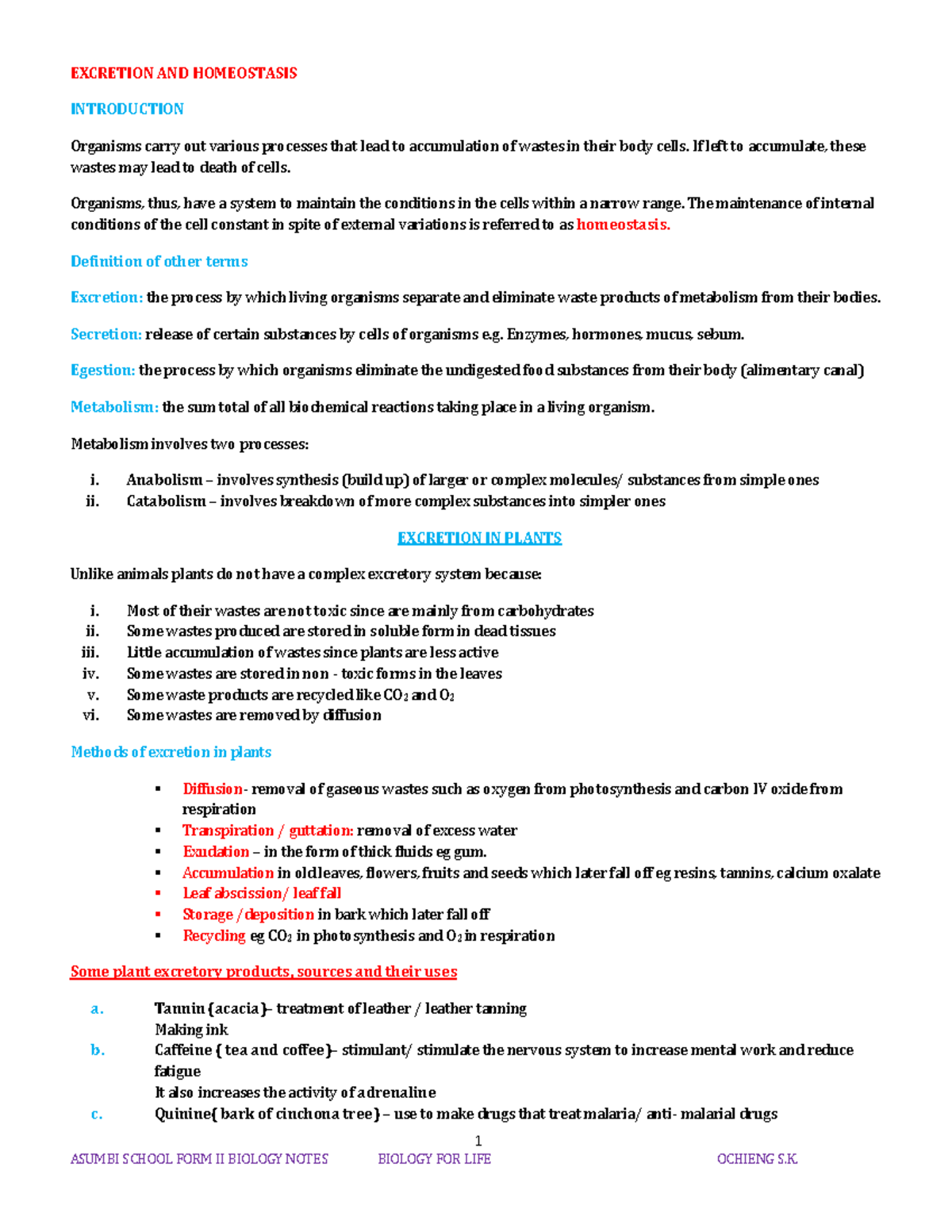 Excretion AND Homeostasis Notes - 1 EXCRETION AND HOMEOSTASIS ...