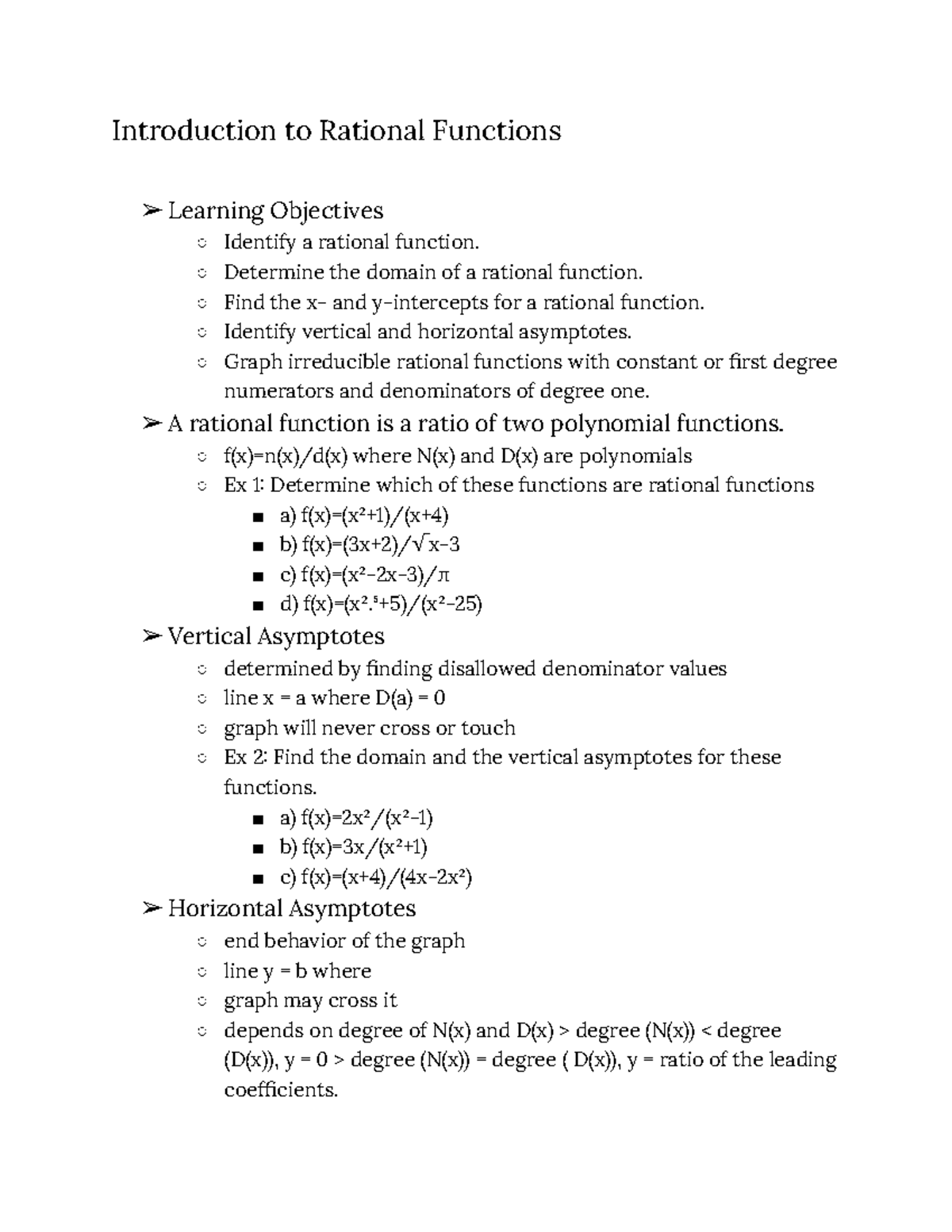 Math 1050 Lecture Notes Class 12 - Introduction to Rational Functions ...