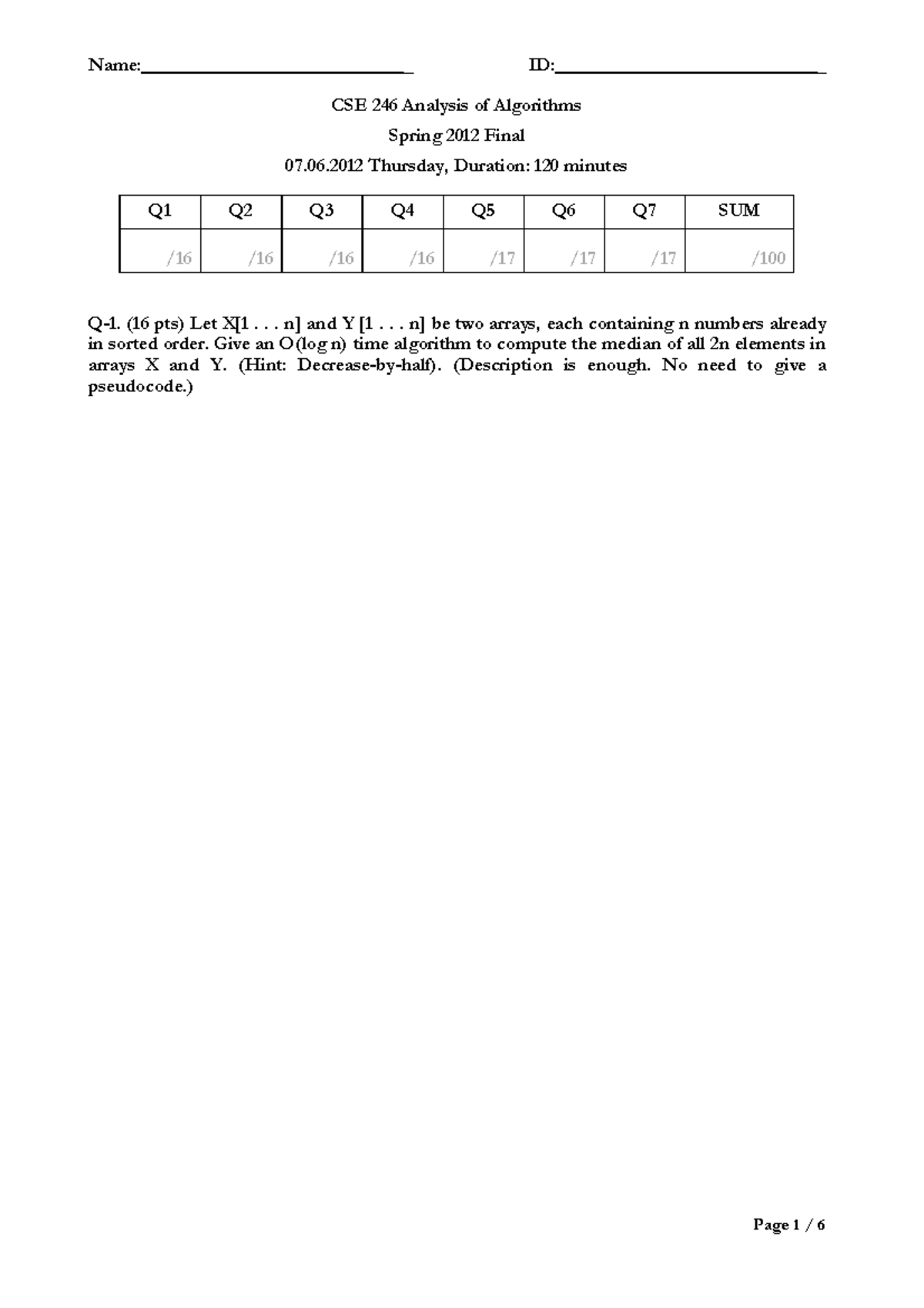 Final Exam 2012 - exam - CSE 246 Analysis of Algorithms Spring 2012 ...