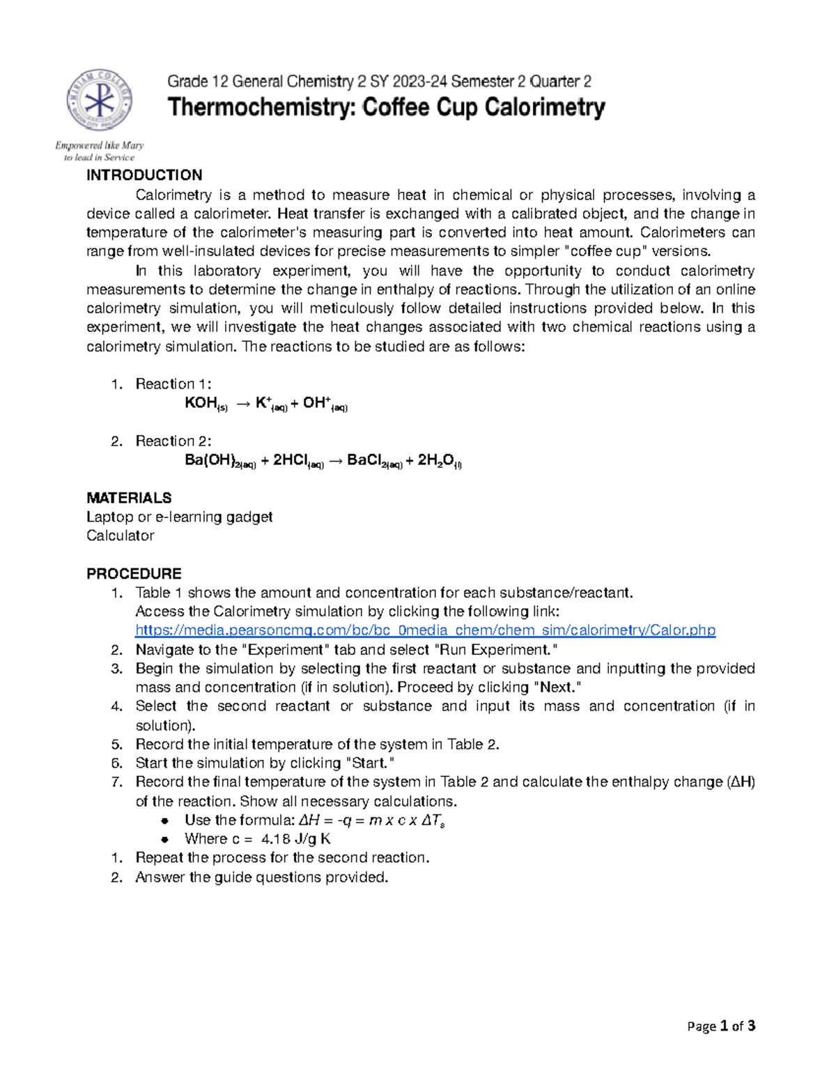 Gen Chem 2 - Coffee Cup Calorimetry - INTRODUCTION Calorimetry is a ...