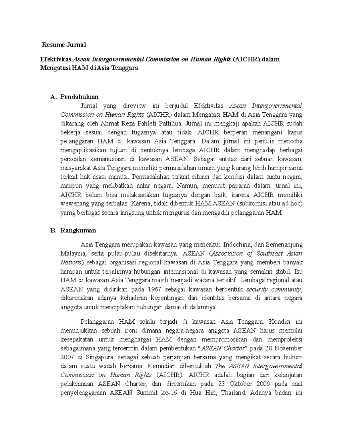 Resume Jurnal Efektivitas Asean Intergovernmental Commission on Human Rights ( Aichr) dalam ...