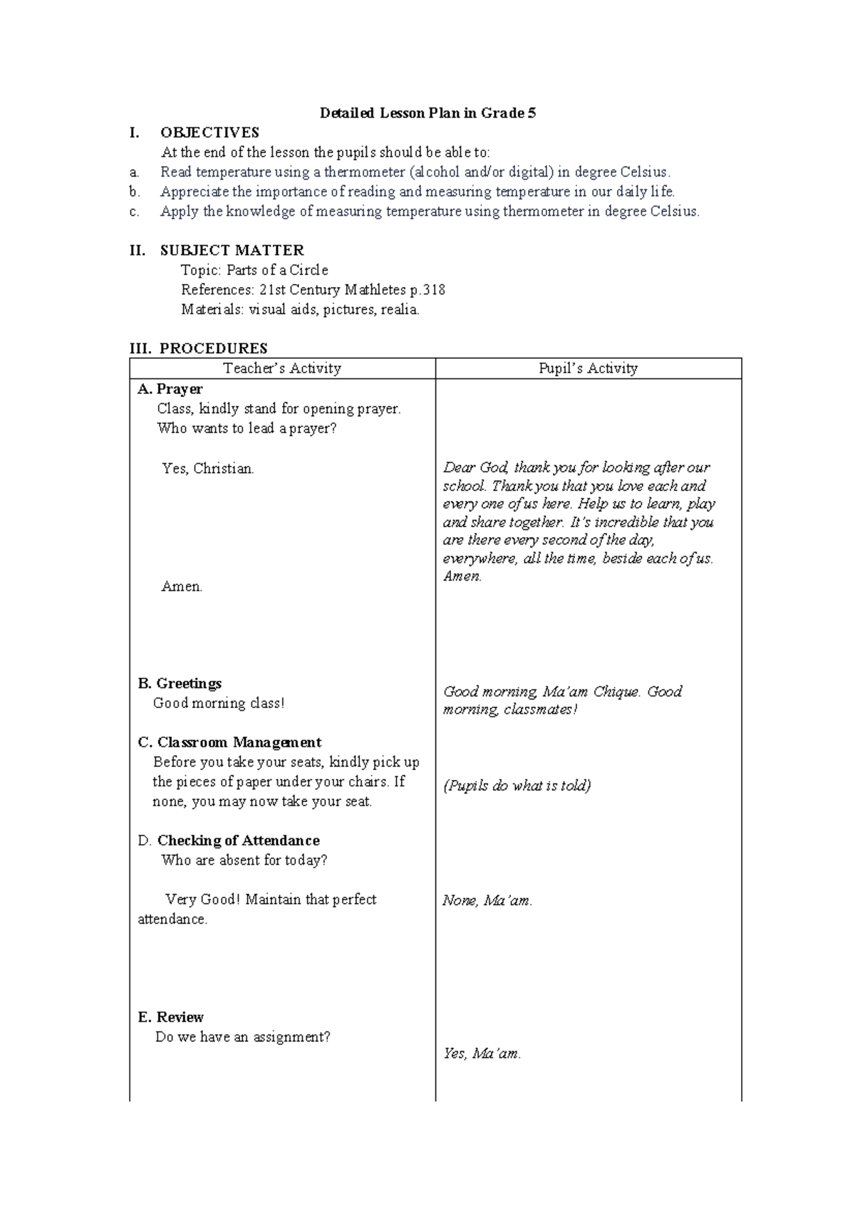 Temperature 5 Math - Detailed Lesson Plan in Grade 5 I. OBJECTIVES At ...