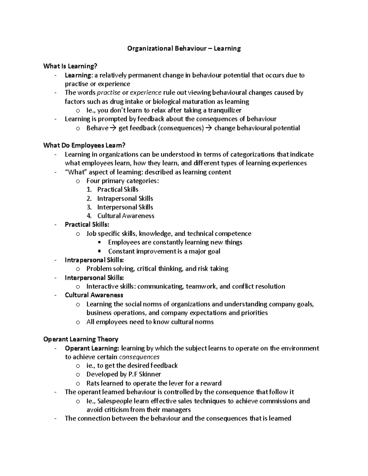 Organizational Behaviour - Learning - BU288 - WLU - Studocu
