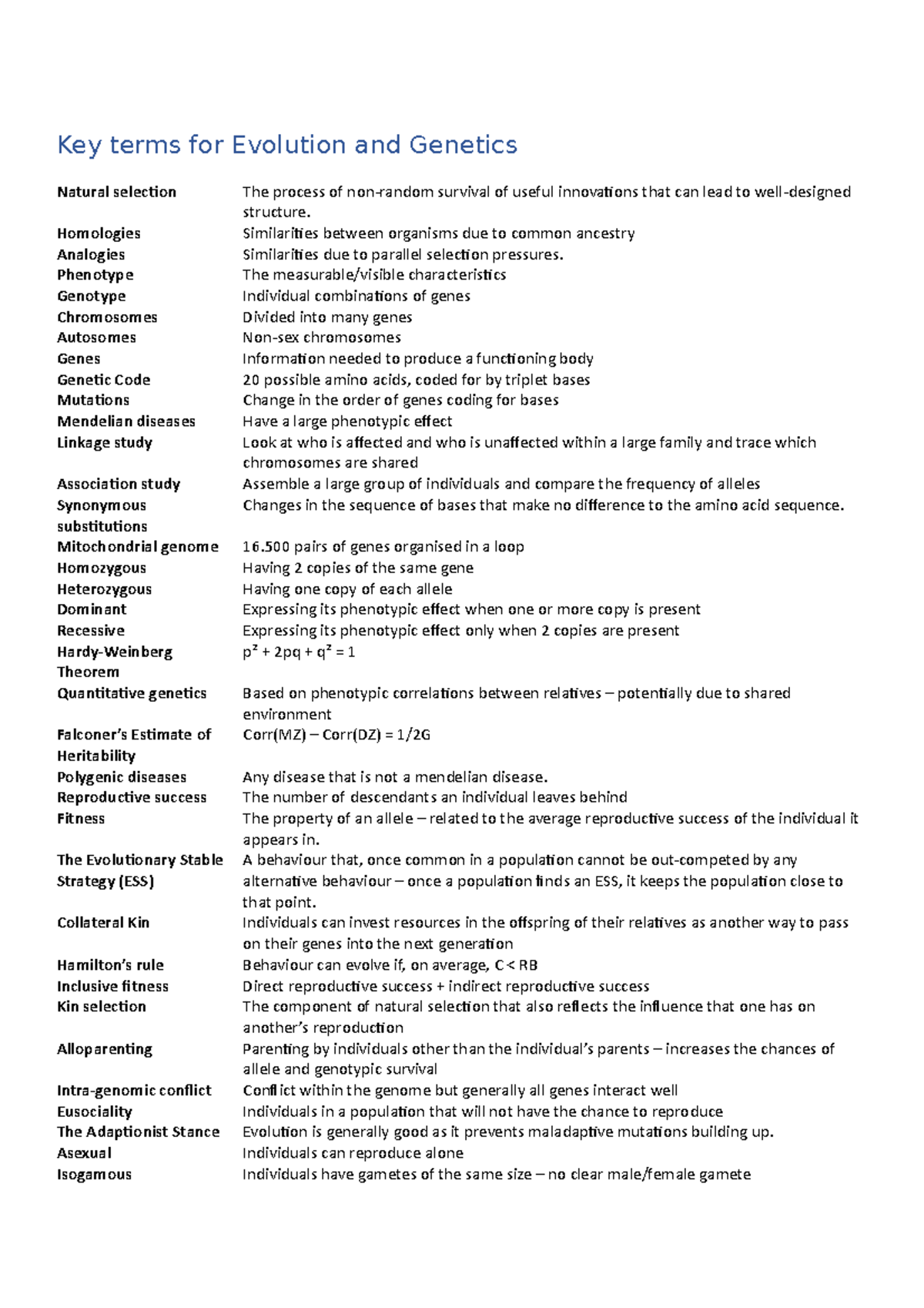 Evolution - Key Terms List - Key terms for Evolution and Genetics ...