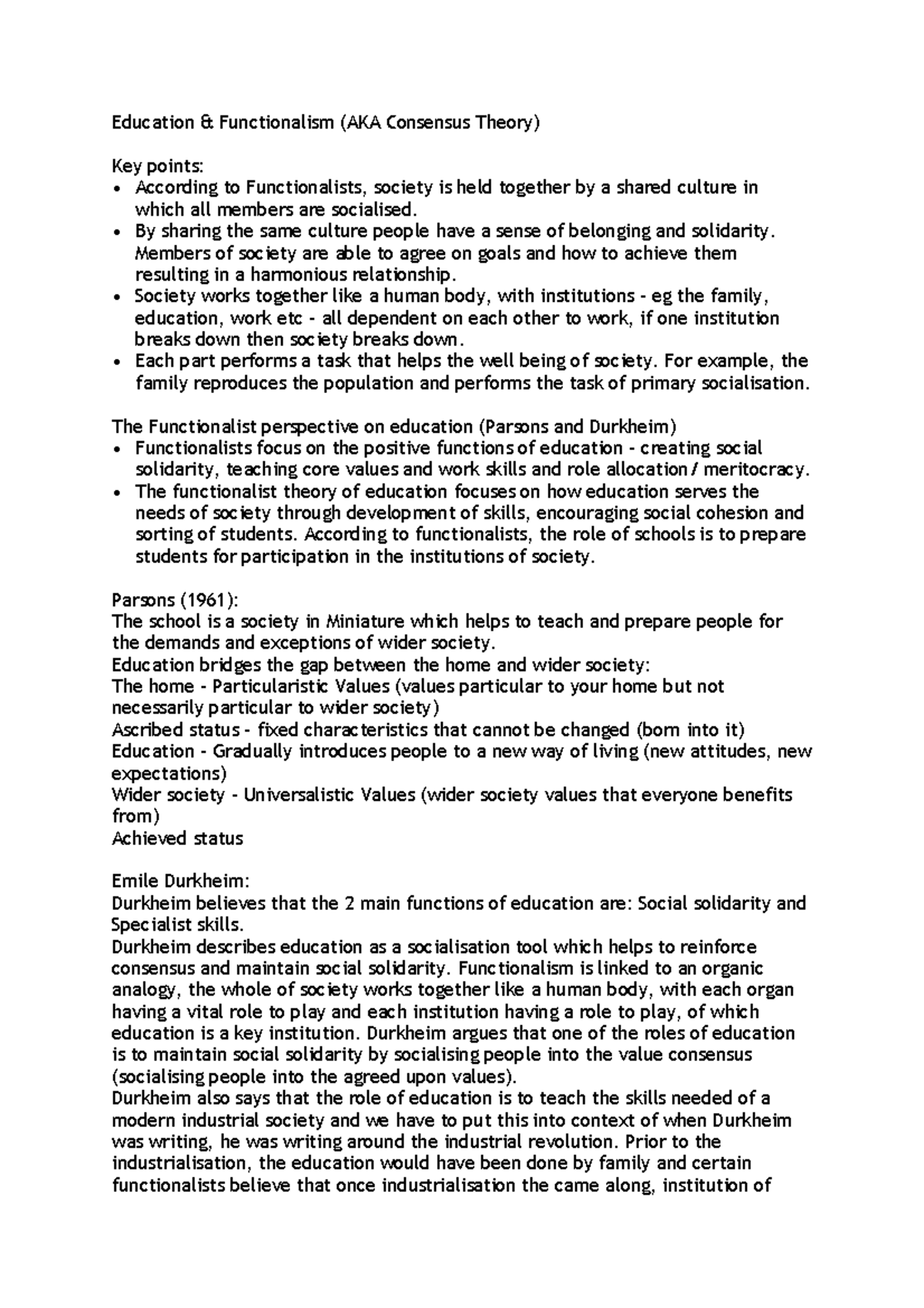 Education - Functionalism - Education & Functionalism (AKA Consensus ...