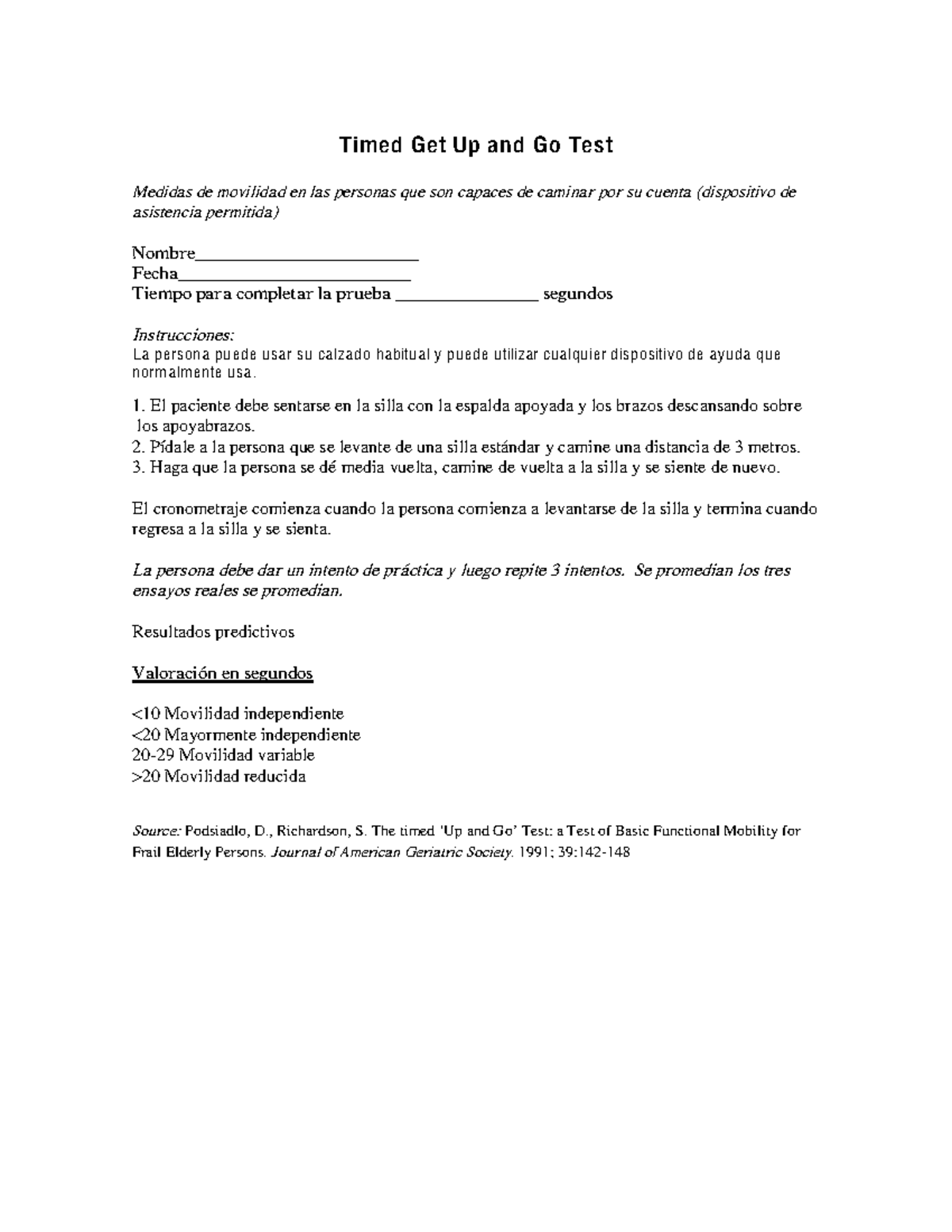 TIME UP AND GO- ORG - PAUTA DE EVALUACIÓN. - Timed Get Up and Go Test M ...