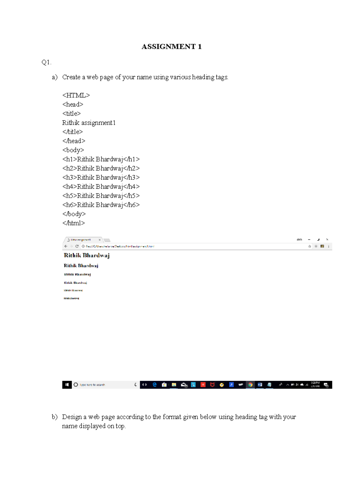 Assignment 1-13 - jhiio - ASSIGNMENT 1 Q1. a) Create a web page of your ...