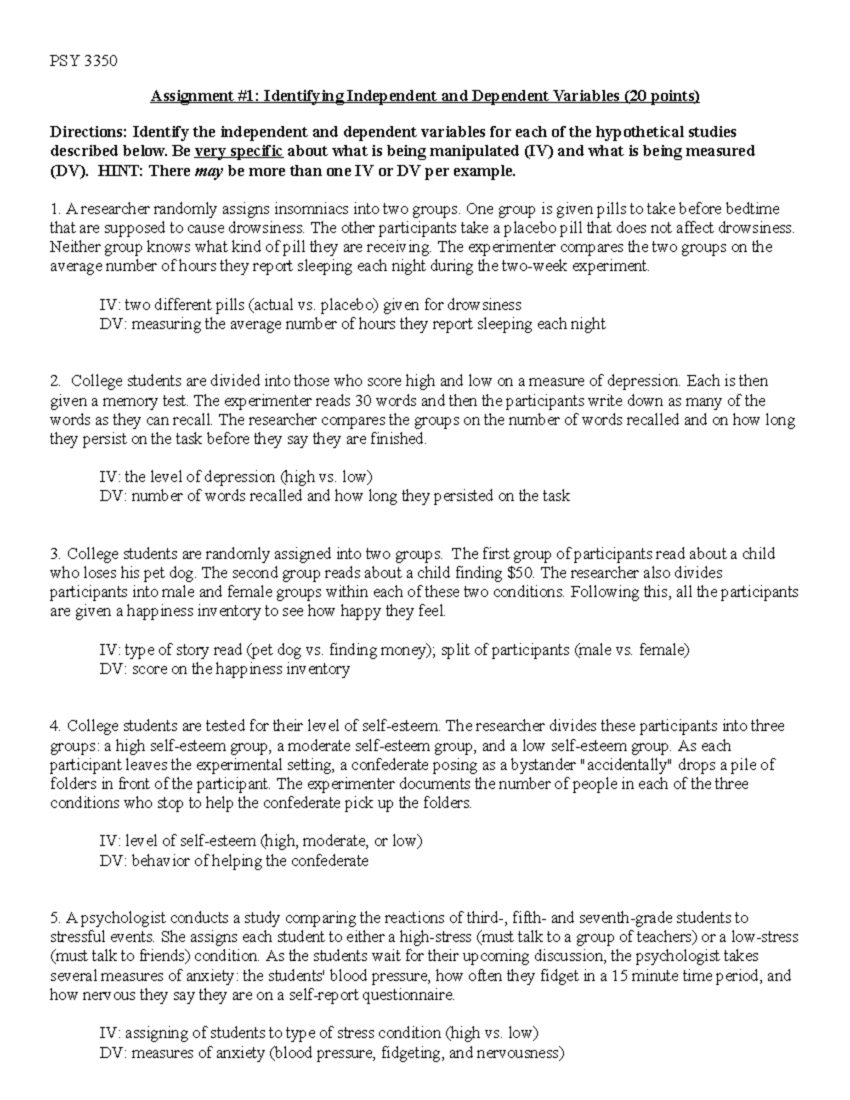 Assignment 1 3350 - PSY 3350 Assignment Identifying Independent and Dependent Variables (20 ...