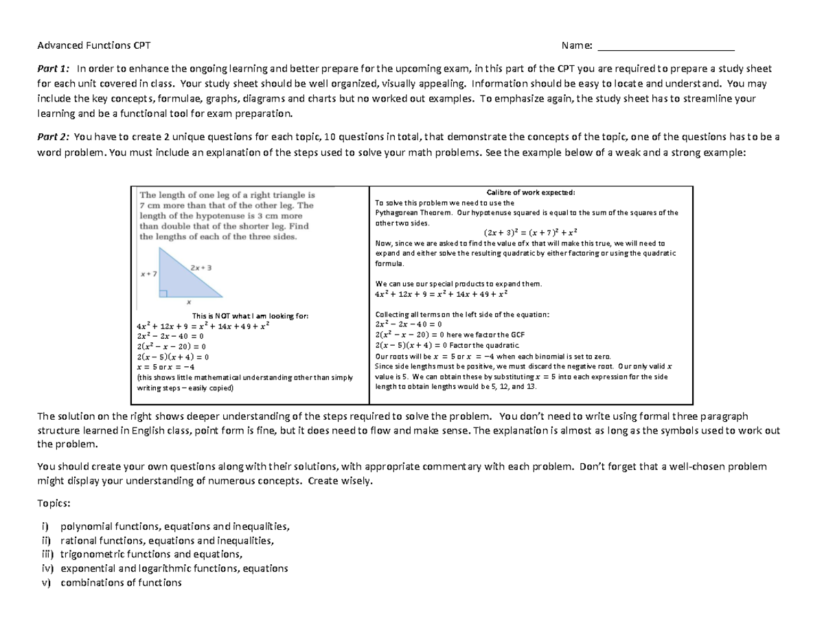 Advanced Functions - Your study sheet should be well organized ...