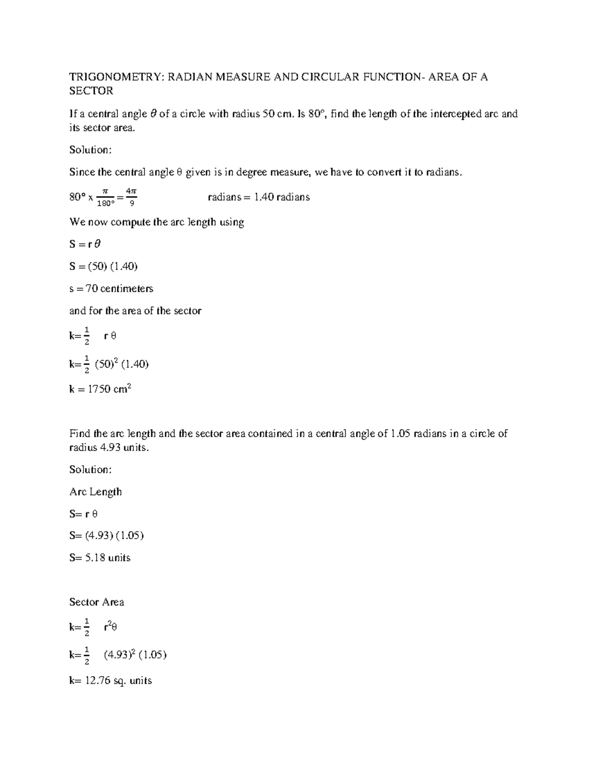 Trigonometry Area of a Sector - Math in the Modern World(Plane ...