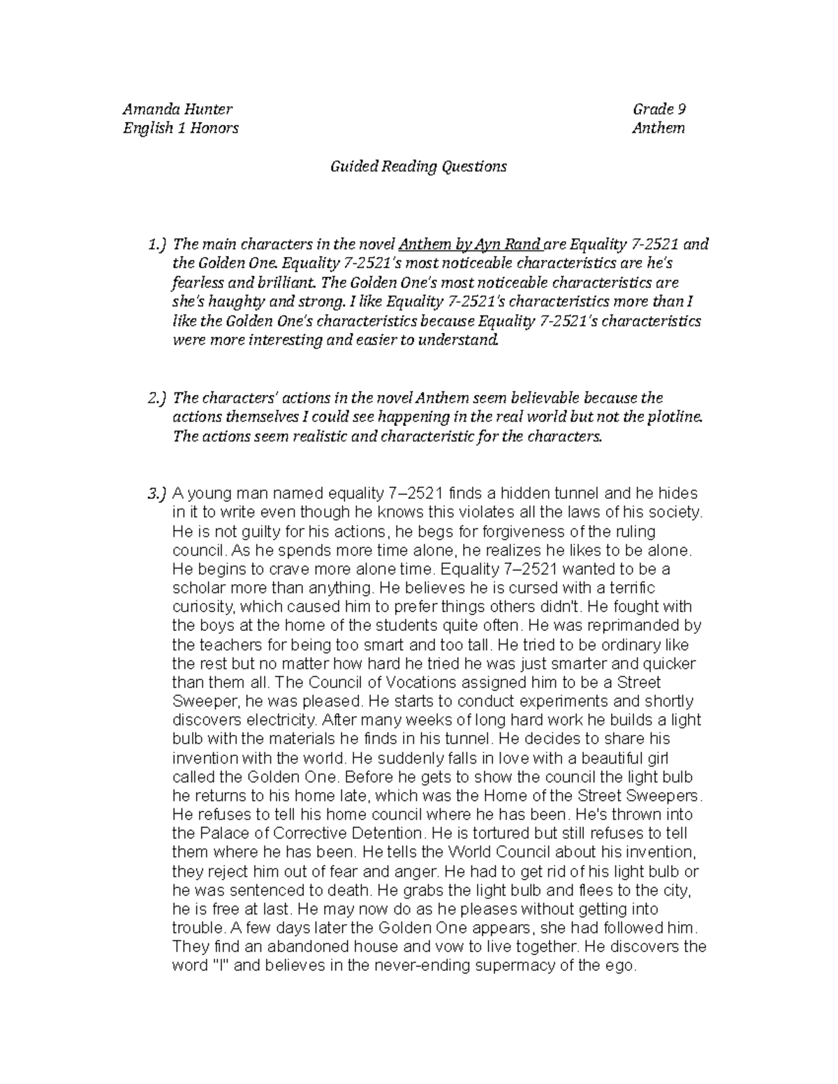 Guided Reading Questions - Amanda Hunter Grade 9 English 1 Honors ...