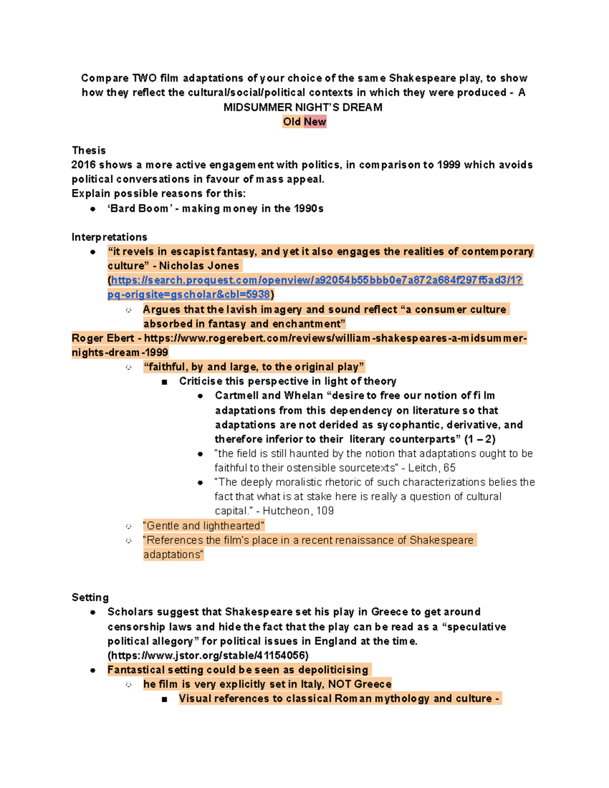 Shakespeare final essay plan - Compare TWO film adaptations of your ...