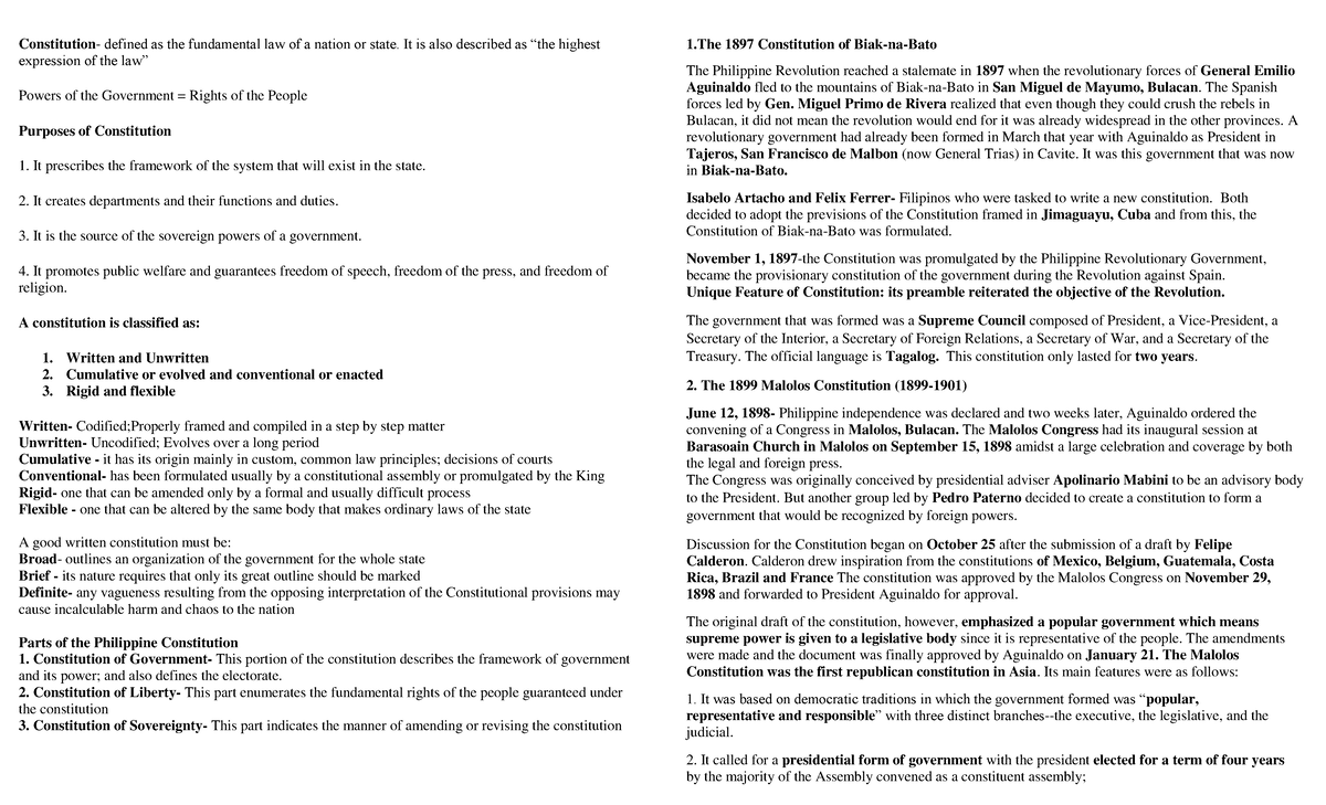 Reviewer RPH - notes - Constitution- defined as the fundamental law of ...
