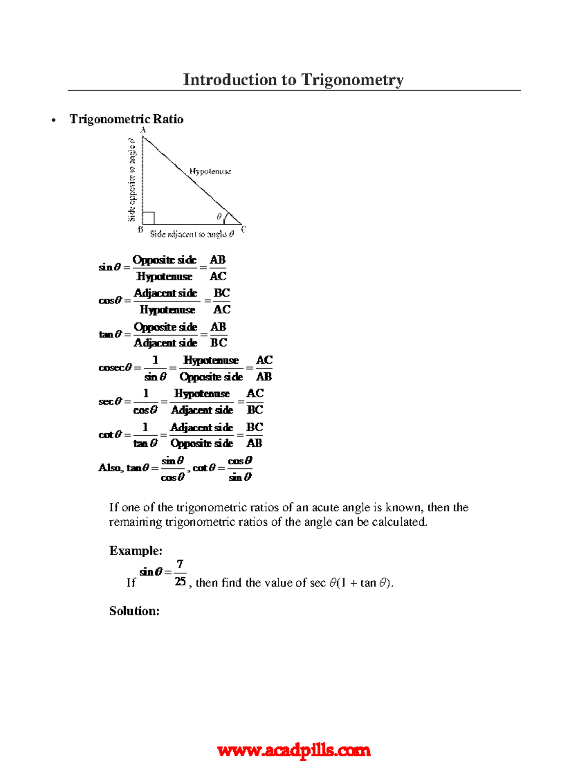 Introduction To Trigonometry Visit Acadpills - Introduction to ...