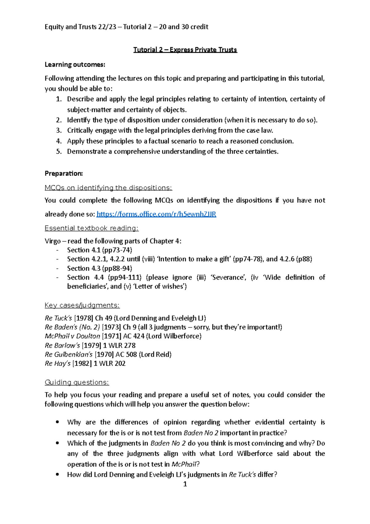 Tutorial 2 - worksheet Equity and Trust - Equity and Trusts 22/23 – Tutorial 2 – 20 and 30 ...