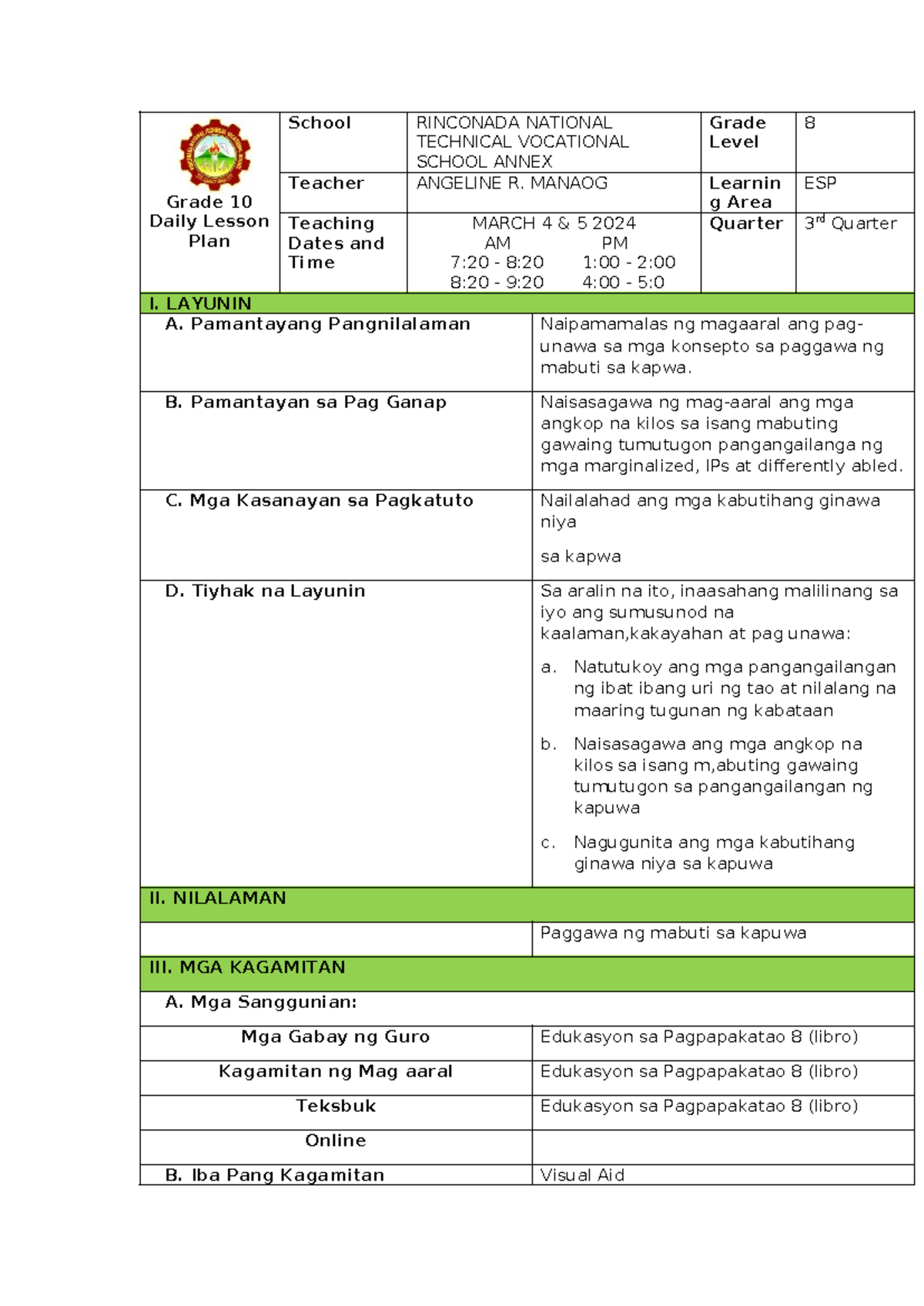 DLP - just read - Grade 10 Daily Lesson Plan School RINCONADA NATIONAL ...