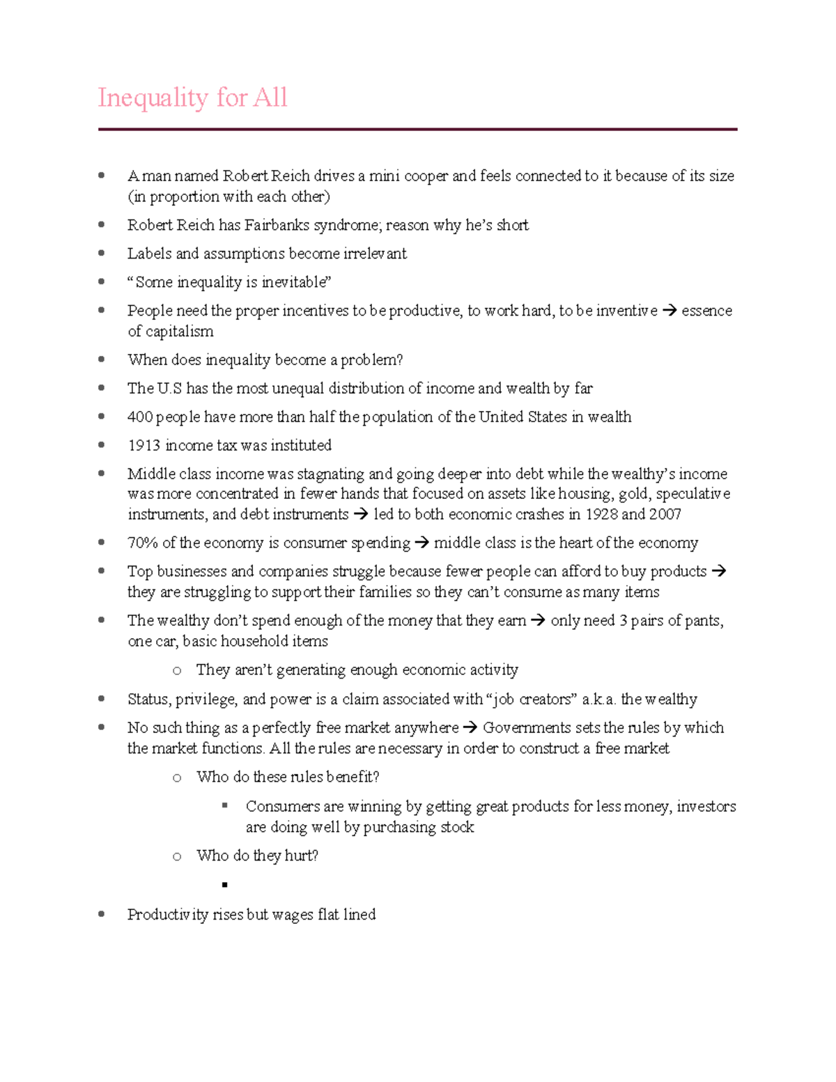 HONR 100 - Notes on Inequality for All Film - Inequality for All A man ...