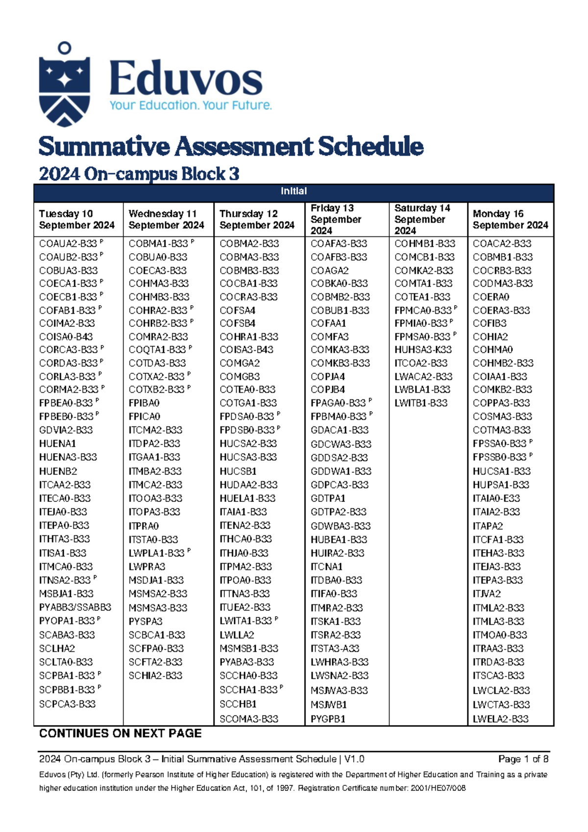 2024 On-campus Block 3 - Summative Assessment Schedule ...