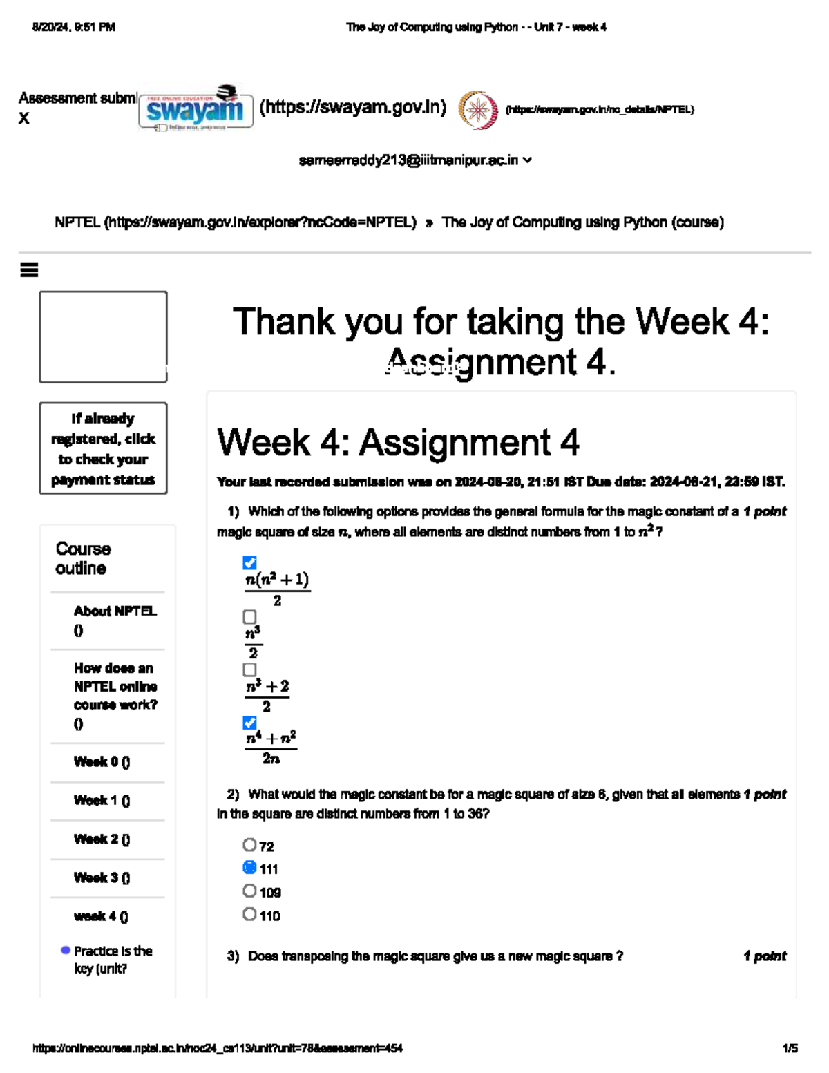 Week 4 Swayam Xaae 951 Pm The Joy Of Computing Using Python Unit