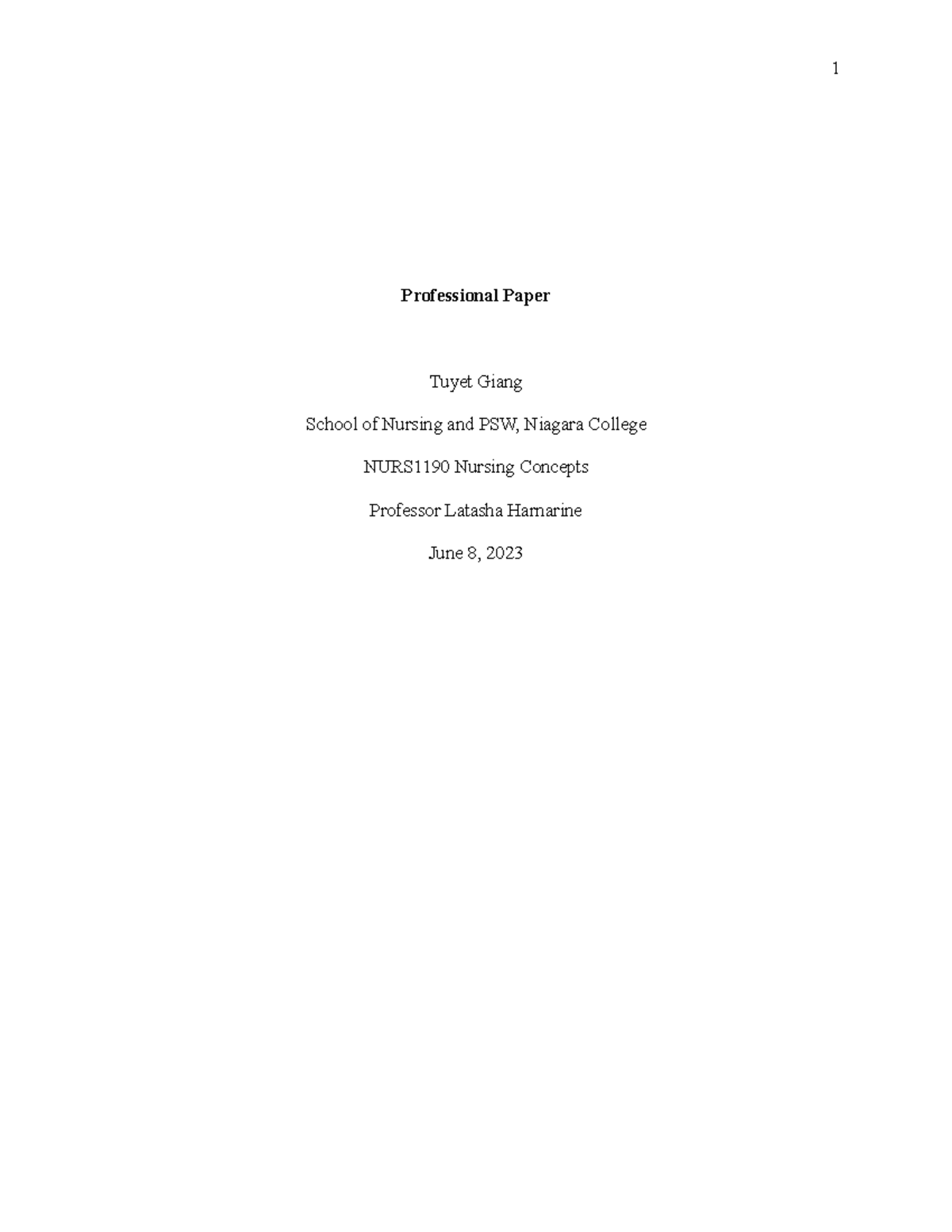 Professional Paper - NURS1190 - Studocu