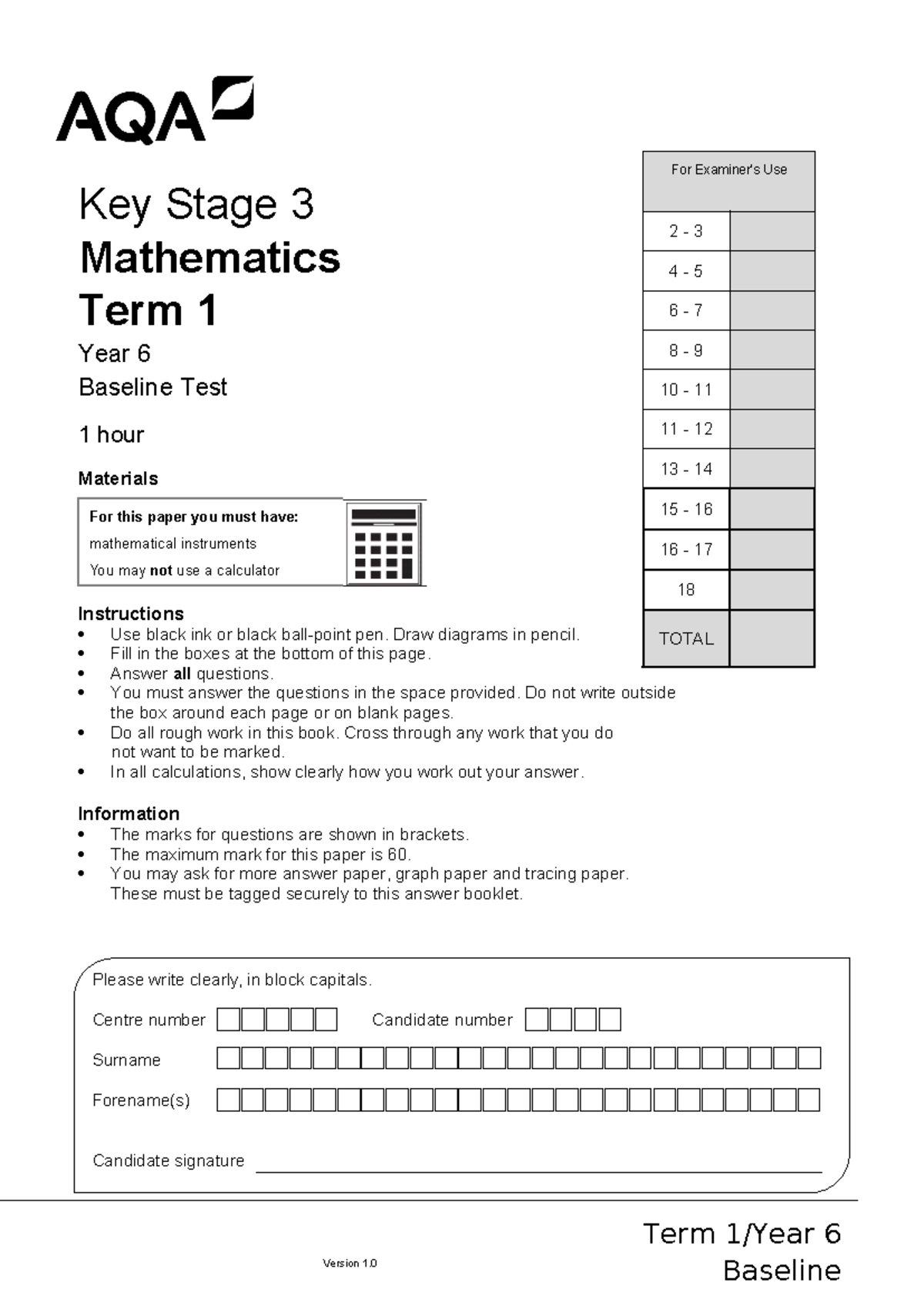 7274 - ok welp - Key Stage 3 Mathematics Term 1 Year 6 Baseline Test 1 ...